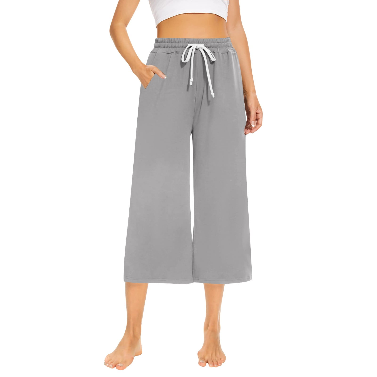 RPVATI Womens Capris for Summer Clearance Wide Leg Loose Drawstring Lounge Pants with Pockets ...