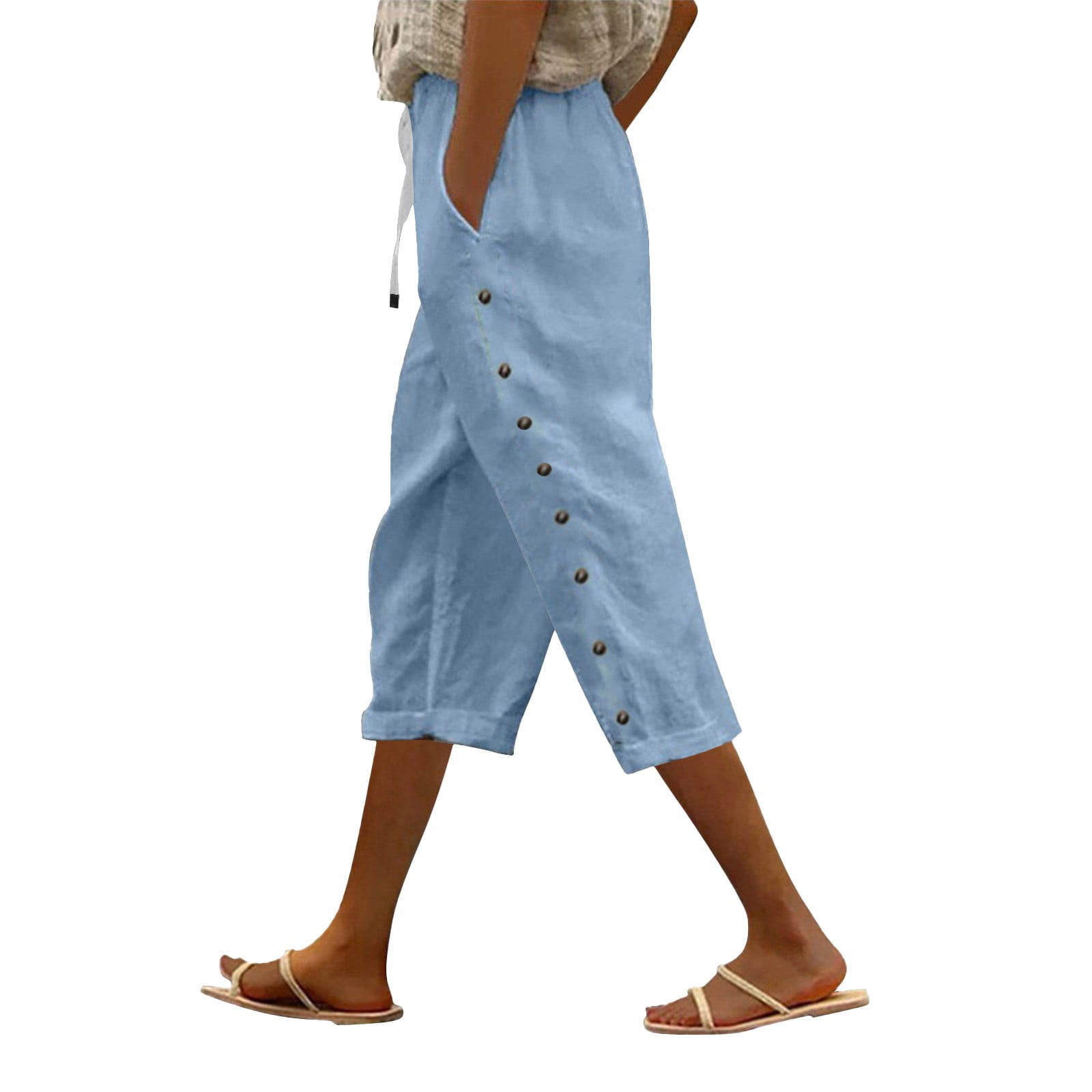 RPVATI Womens Capri Pants With Pockets Cotton Linen Striped Elastic Waisted Drawstring Capri ...