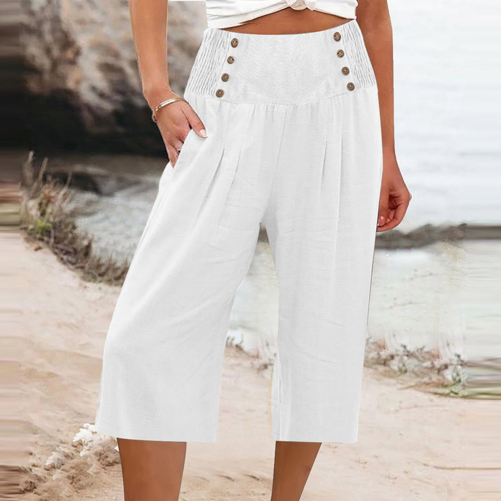 RPVATI Womens Capris Casual Linen Petite Wide Leg Summer Loose Elastic High Waisted Plus Size ...