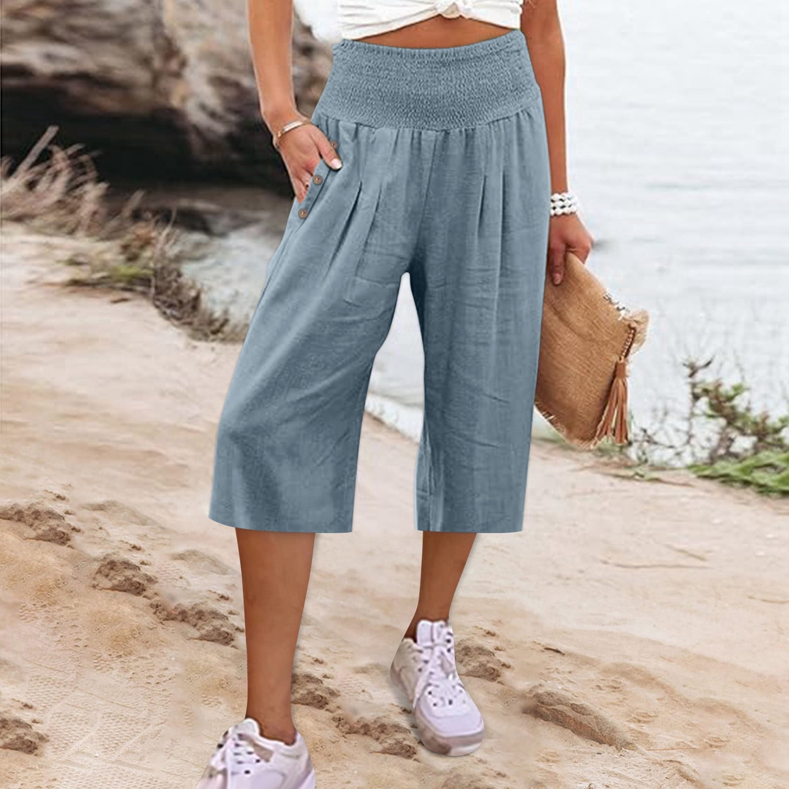 RPVATI Womens Capris for Summer Dressy Casual Trendy Wide Leg Elastic ...