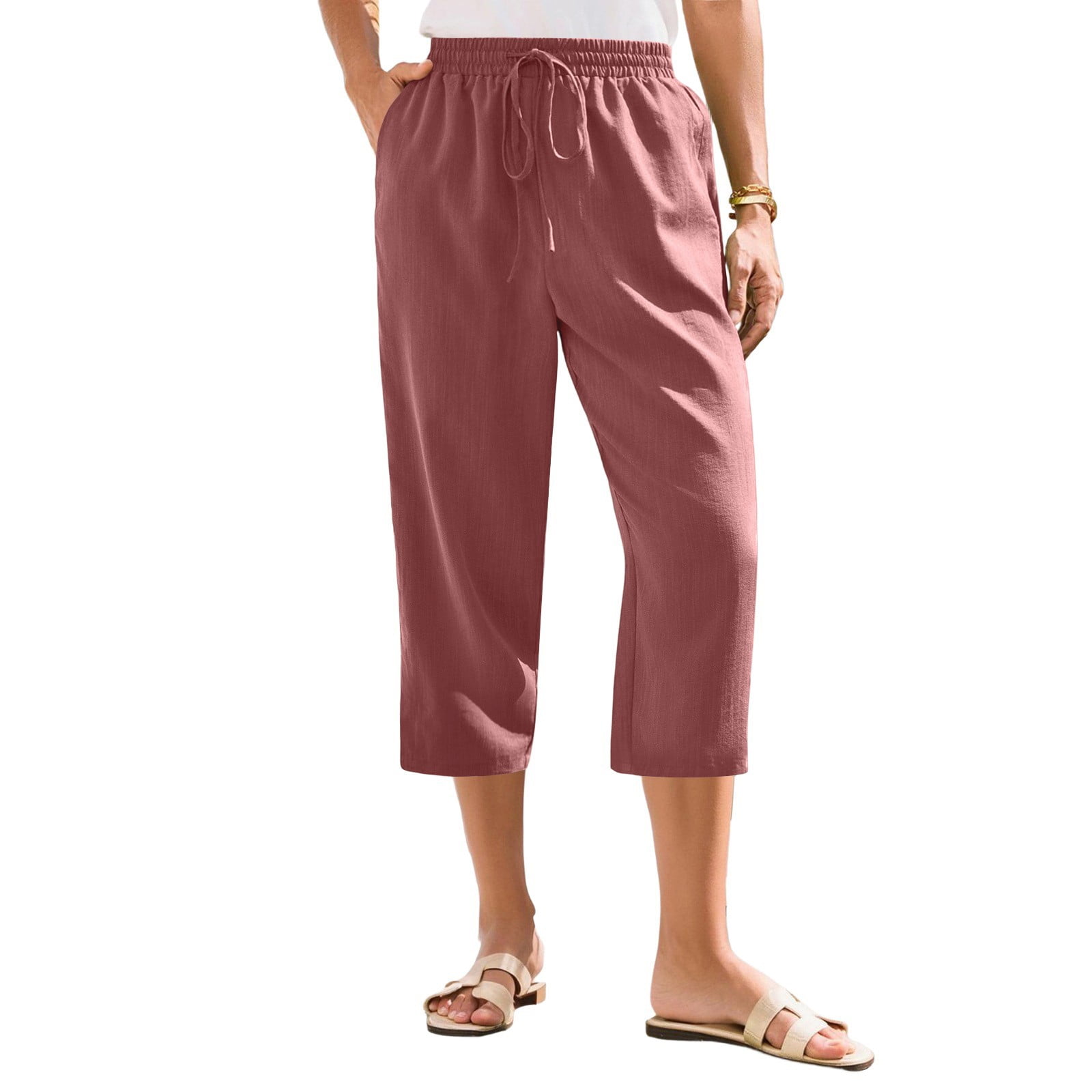 RPVATI Womens Cotton Linen Capri Pants Casual Wide Leg Elastic Waist Beach Pants Summer ...
