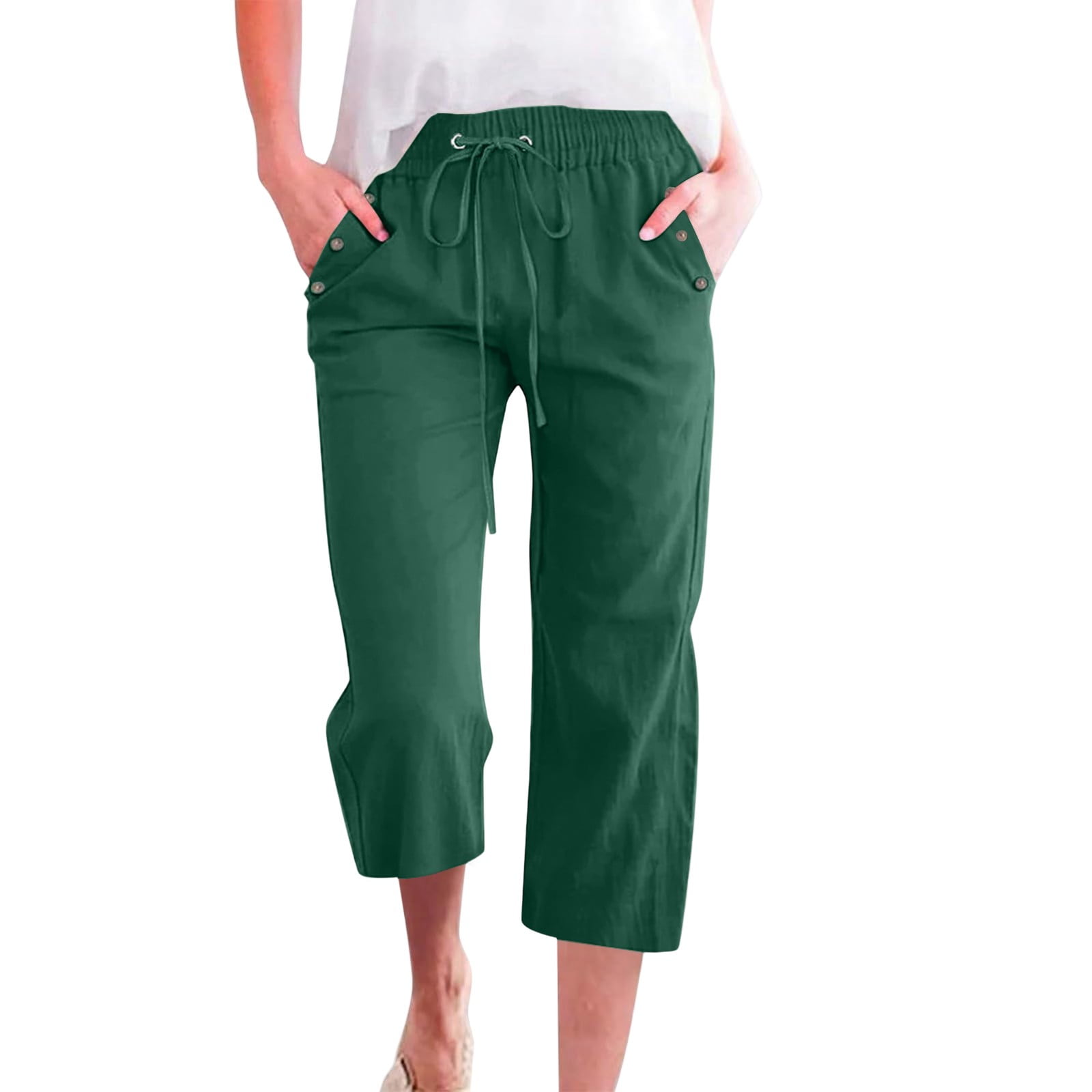 RPVATI Womens Linen Capris Summer Casual Straight Wide Leg Pants Clearance Elastic High Waist ...