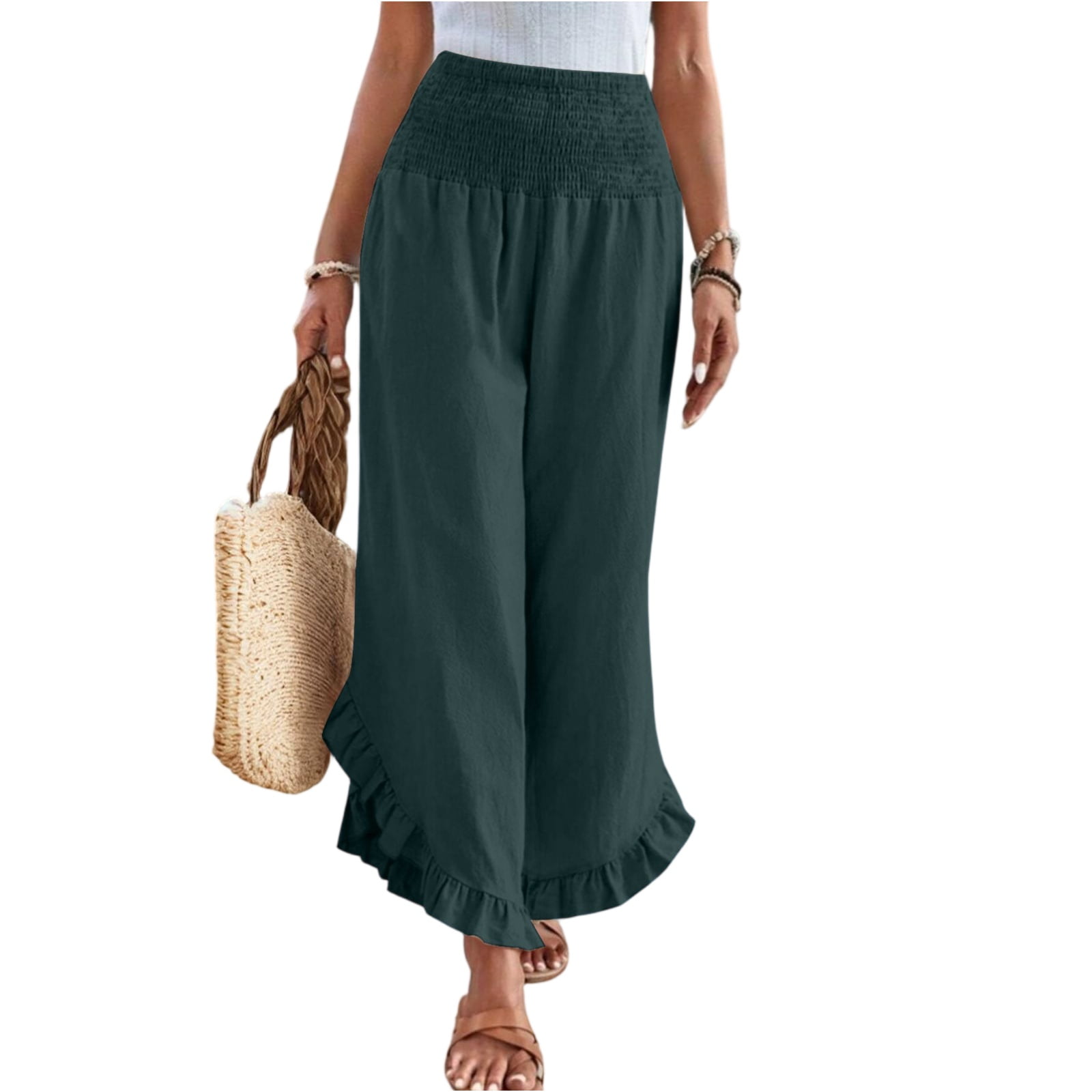 RPVATI Womens Linen Pants Casual Summer Smocked Elastic High Waisted Ruffle Hem Palazzo Pants ...