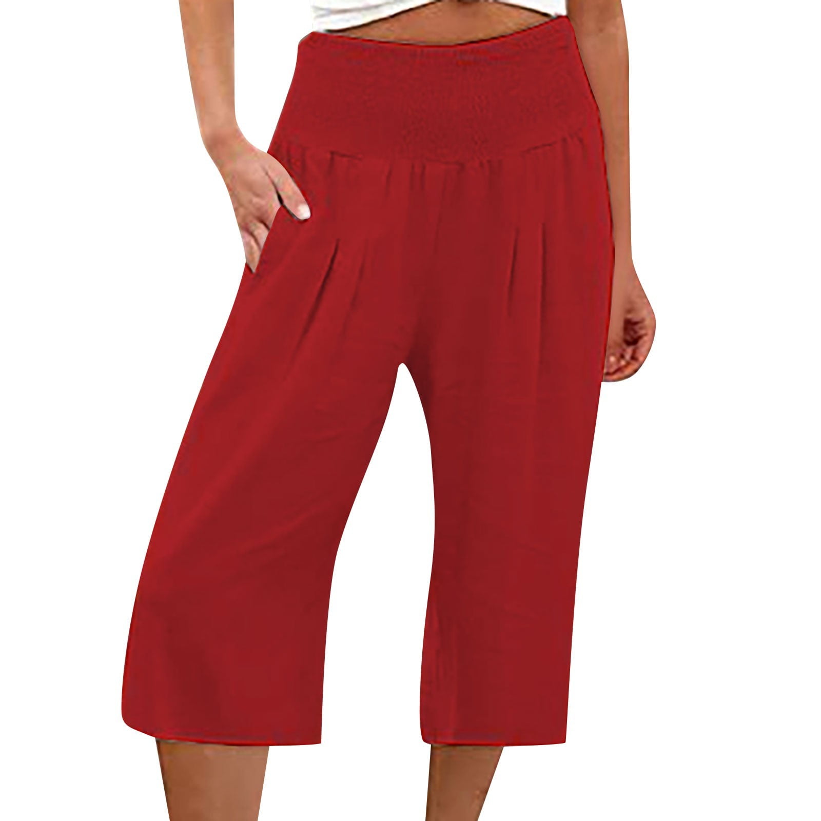 RPVATI Womens Linen Pants Petite Length Wide Leg High Waisted Capri Pants Plus Size Smocked ...