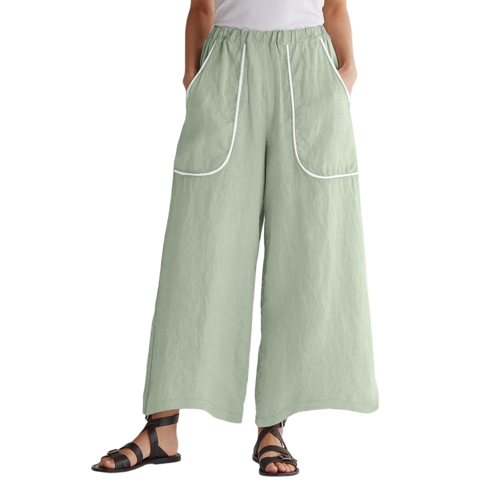 RPVATI Womens Linen Pants Straight Leg Summer Flowy Elastic Waist Palazzo Pants Casual Dressy ...