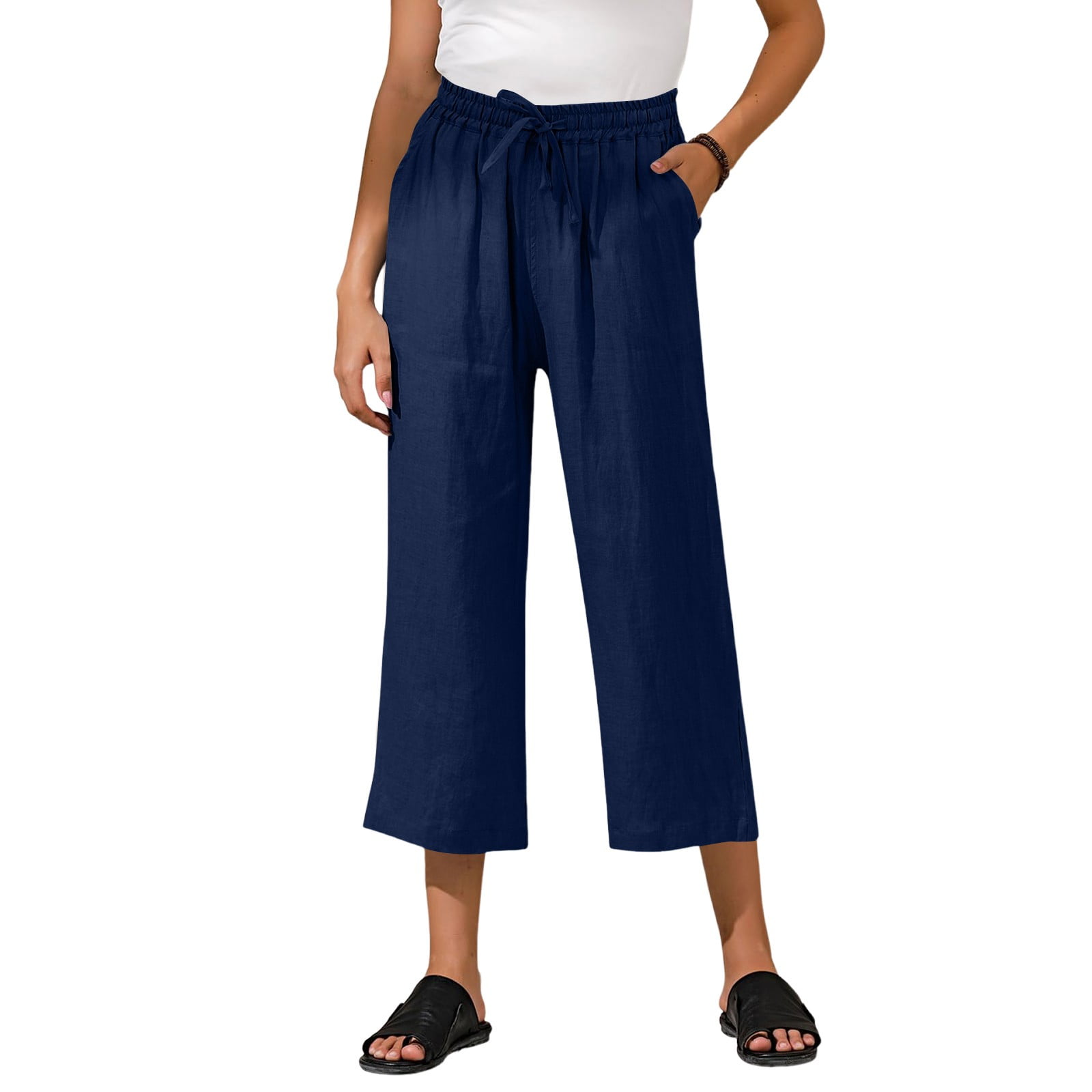 RPVATI Womens Linen Pants Summer Wide Leg Casual Loose High Waist Drawstring Palazzo Capri with ...
