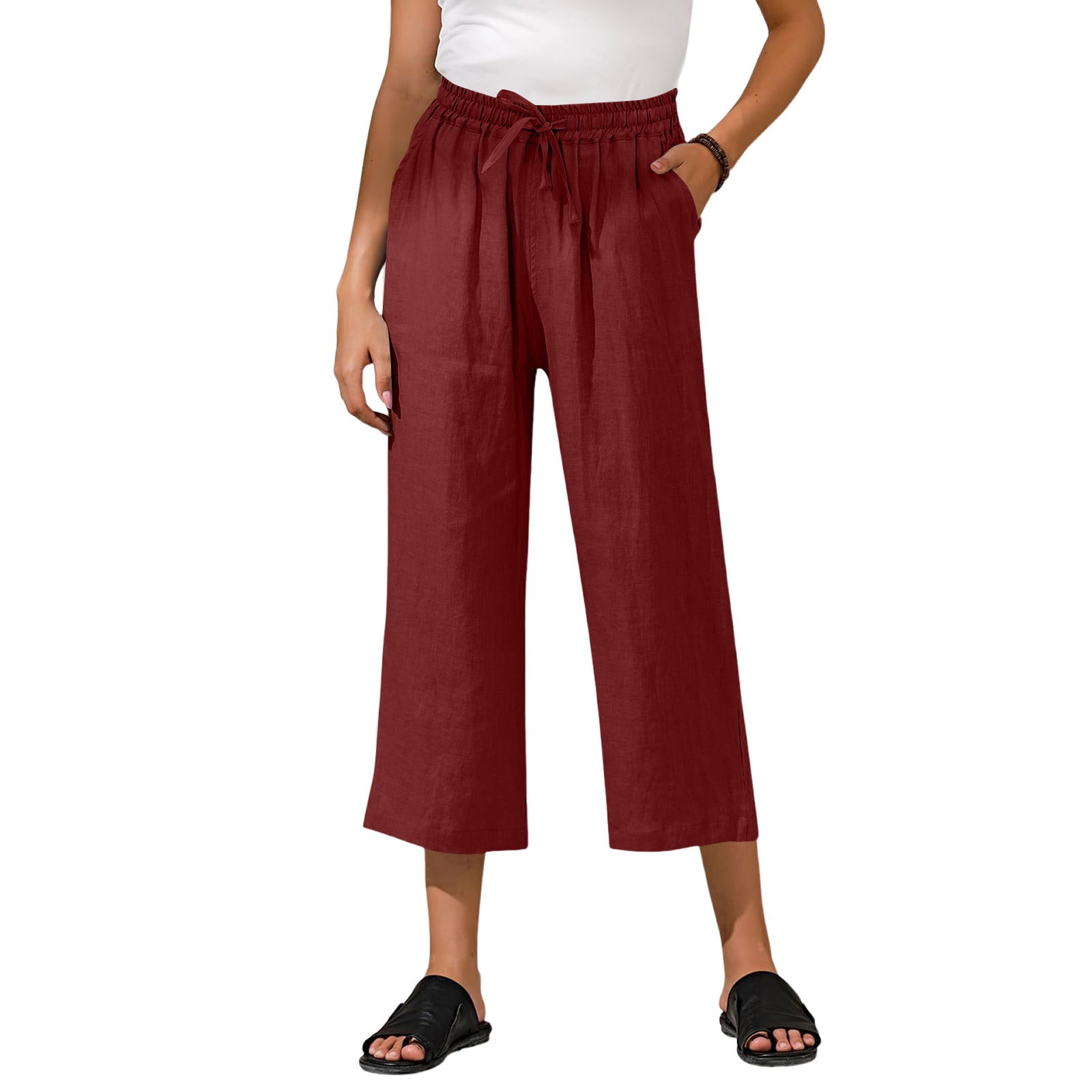 RPVATI Womens Linen Pants Summer Wide Leg Casual Loose High Waist Drawstring Palazzo Capri with ...