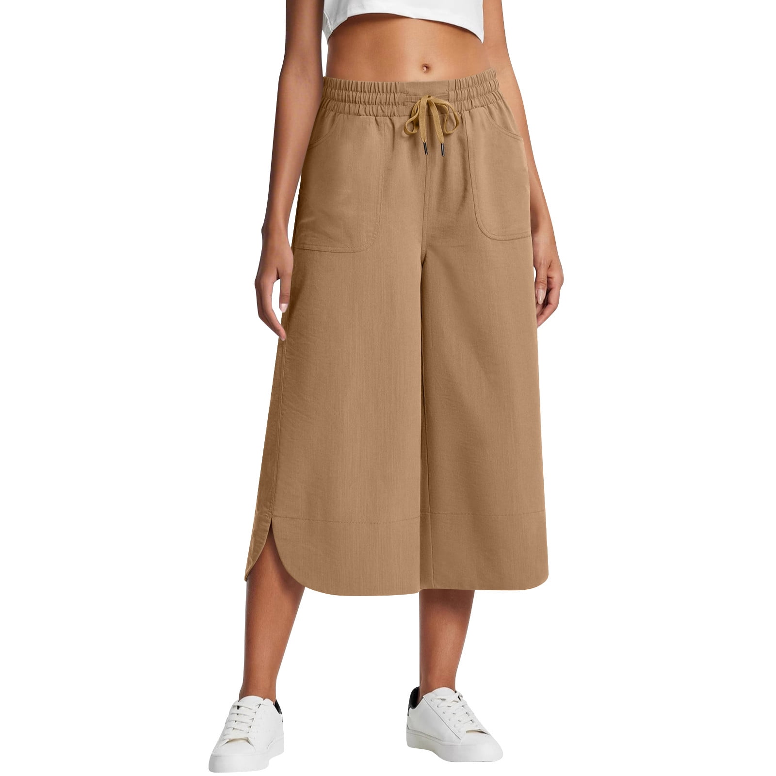 RPVATI Womens Linen Wide Leg Cropped Pants High Elastic Waist with ...