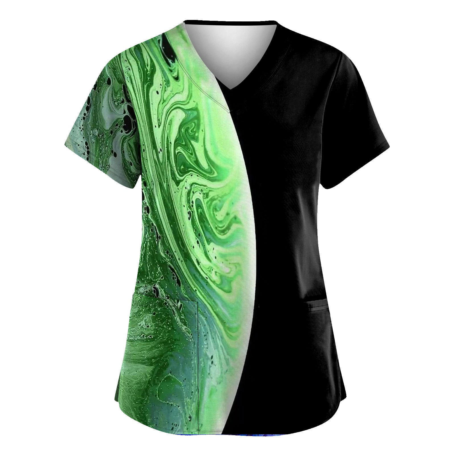 Rpvati Womens Plus Scrub Tops Cute Short Sleeve Marble Printed Summer V