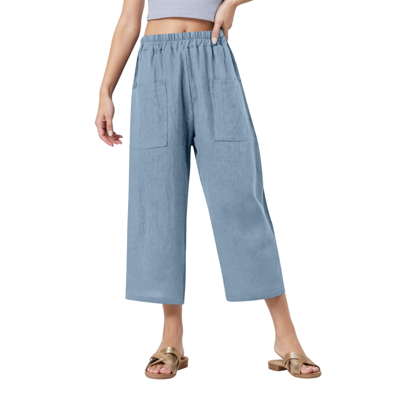 RPVATI Womens Plus Size Capri Pants Cotton Linen Casual Elastic High Waisted Summer Capris ...