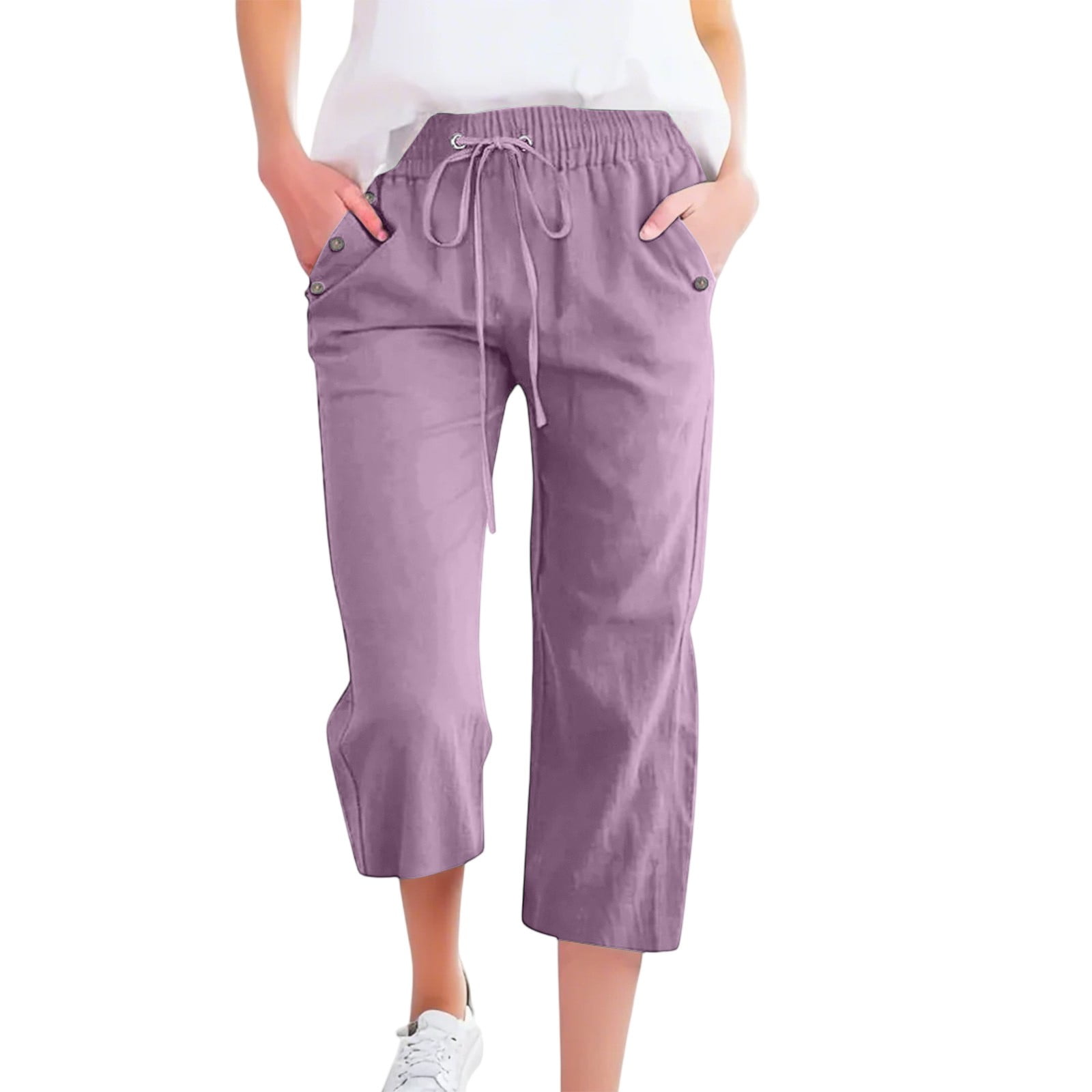 RPVATI Womens Plus Size Capris Clearance Casual Summer Drawstring Cotton Linen Capri Pants Baggy ...