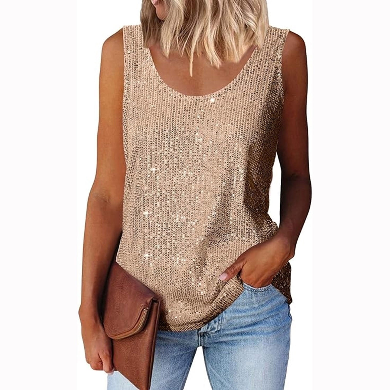 RPVATI Womens Sequin Sparkle Tank Tops Casual Fashion Strappy Shimmer ...
