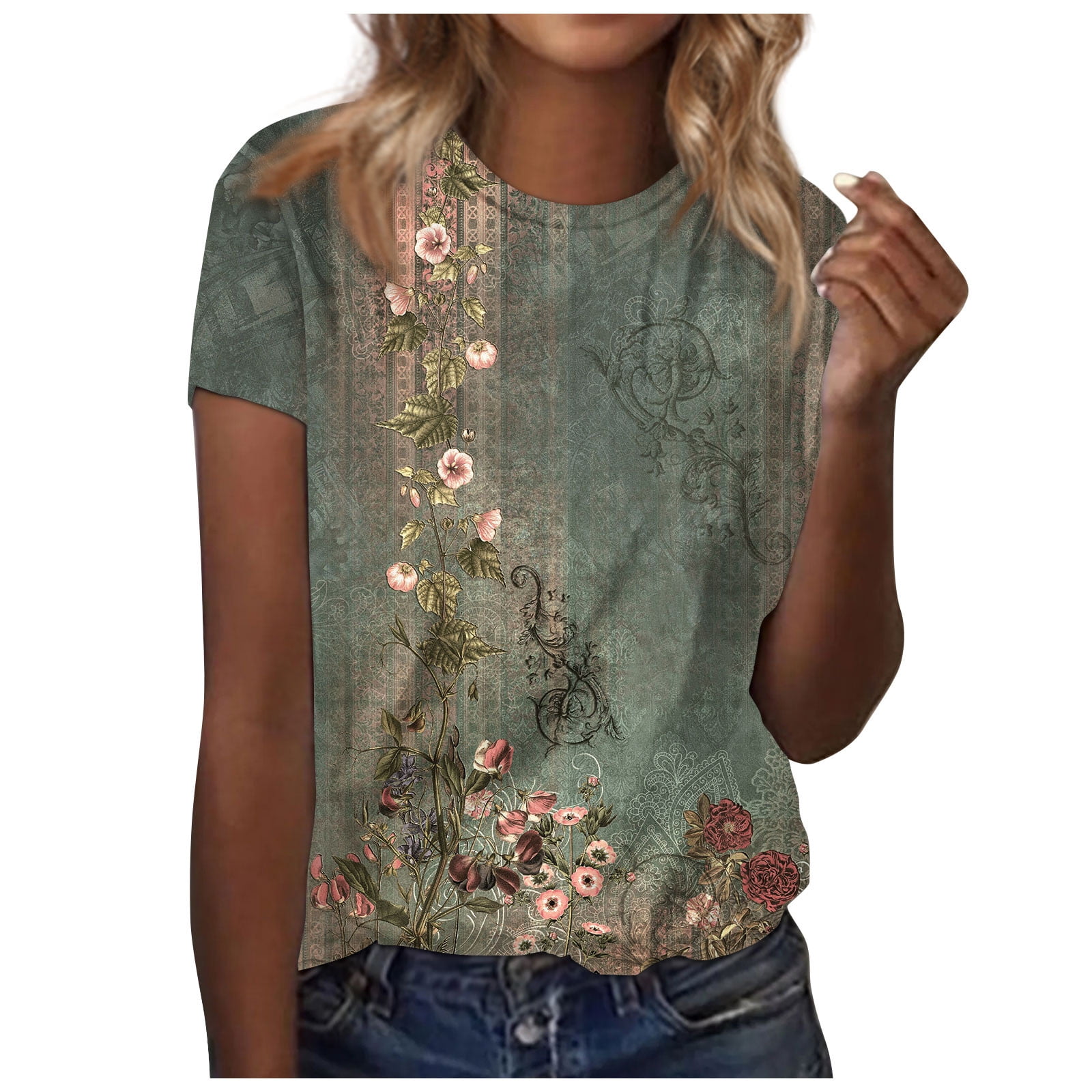RPVATI Womens Short Sleeve Tops Large Casual Floral Print T Shirts Plus ...