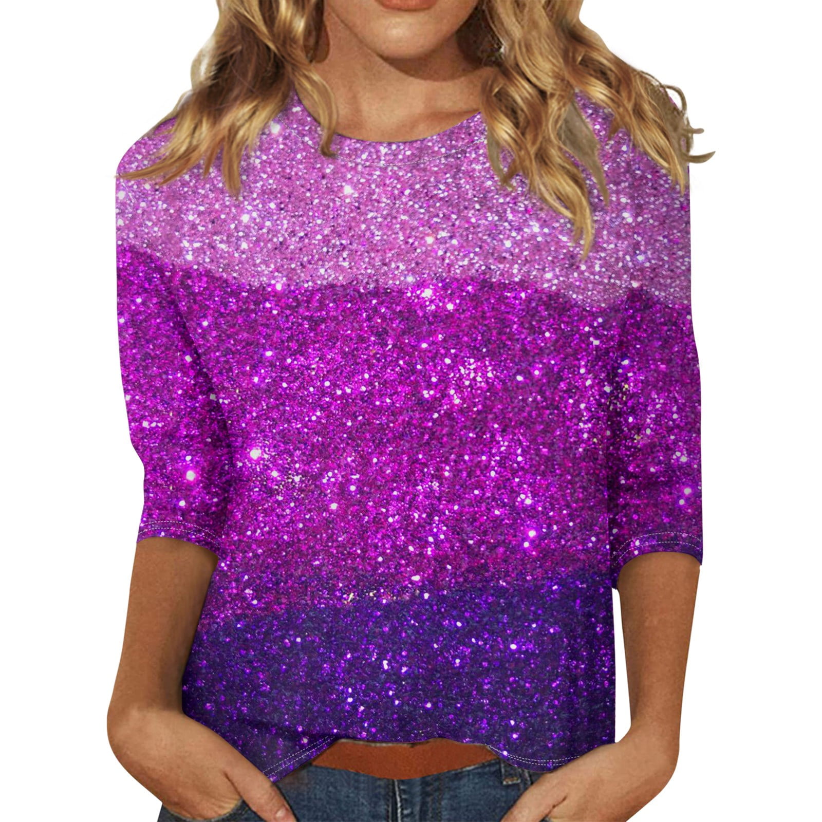 RPVATI Womens Sparkly Sequin Tops 3/4 Sleeve Sparkly Glitter Party ...