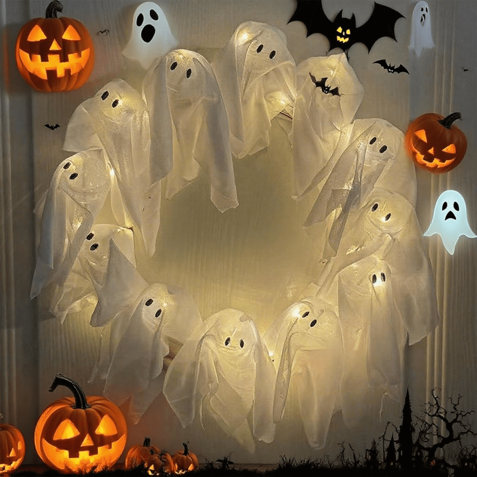 RQYQTE 2025 New Handmade Lit Ghosts Wreath, Cute Ghost Front Door ...