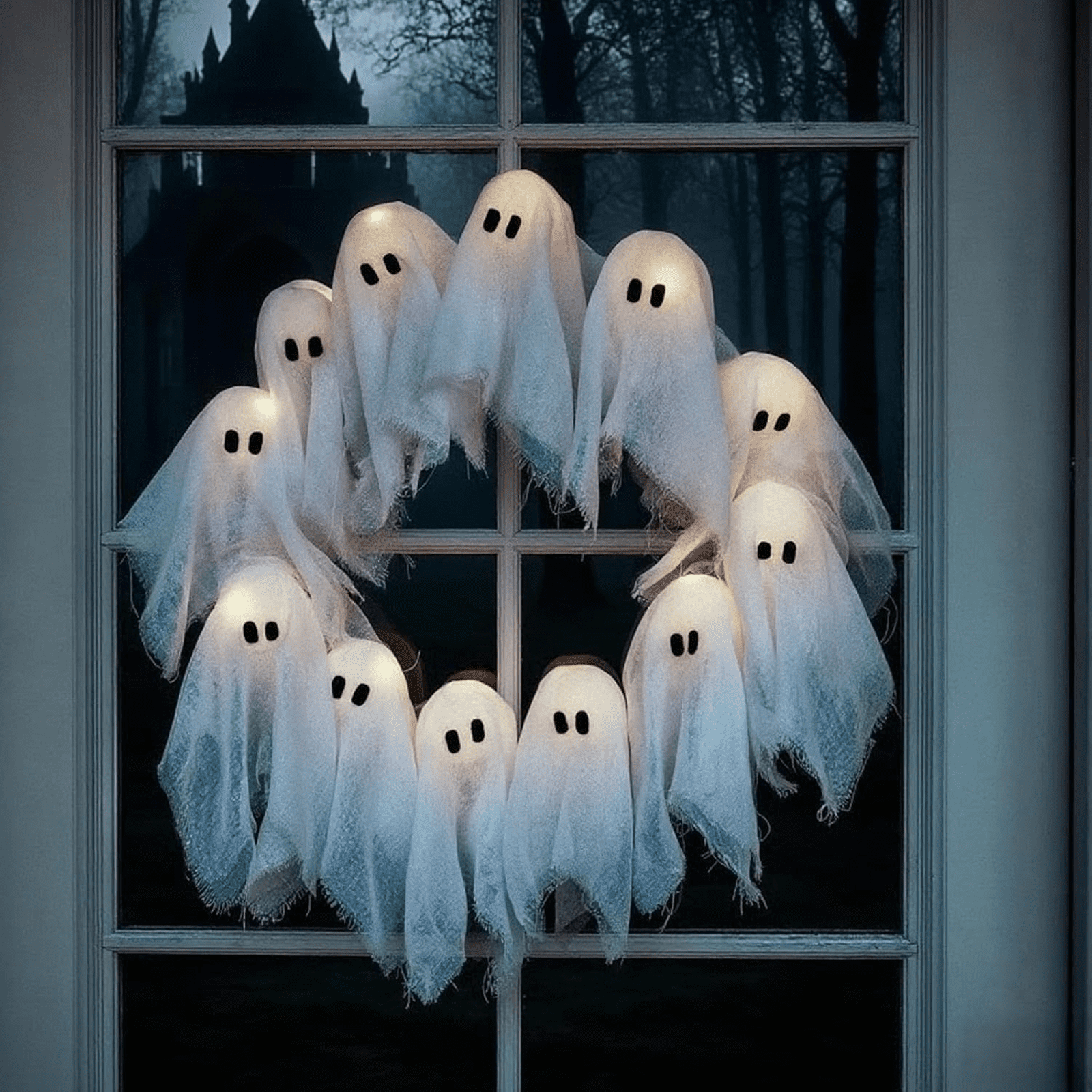RQYQTE Halloween DIY Lit Ghosts Door Wreath, LED Light-Up White Ghost ...