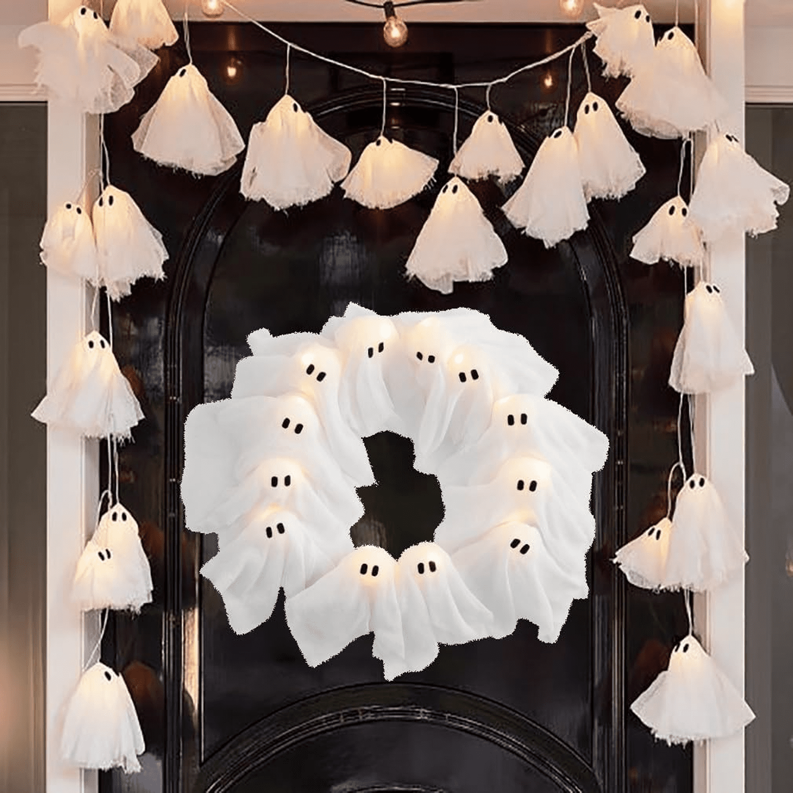 RQYQTE Halloween DIY Lit Ghosts Door Wreath,LED Light-Up White Ghost ...