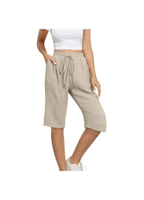 Dyegold Capris For Women Casual Summer Cotton Linen Cropped Pants Elastic Waist Drawstring Plus ...