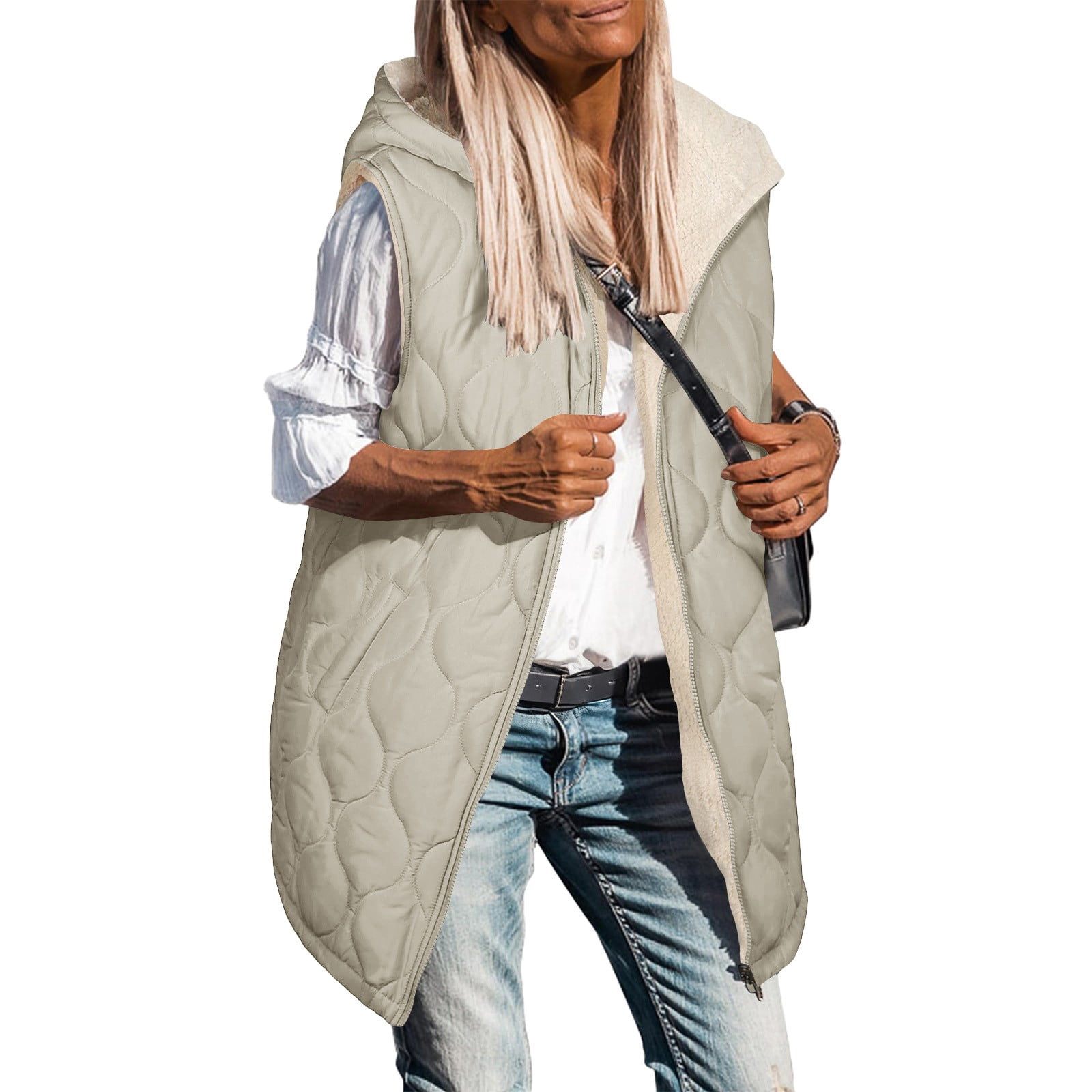 RQYYD Long Puffer Vest Women Fleece Sherpa Jacket Sleeveless Hooded ...