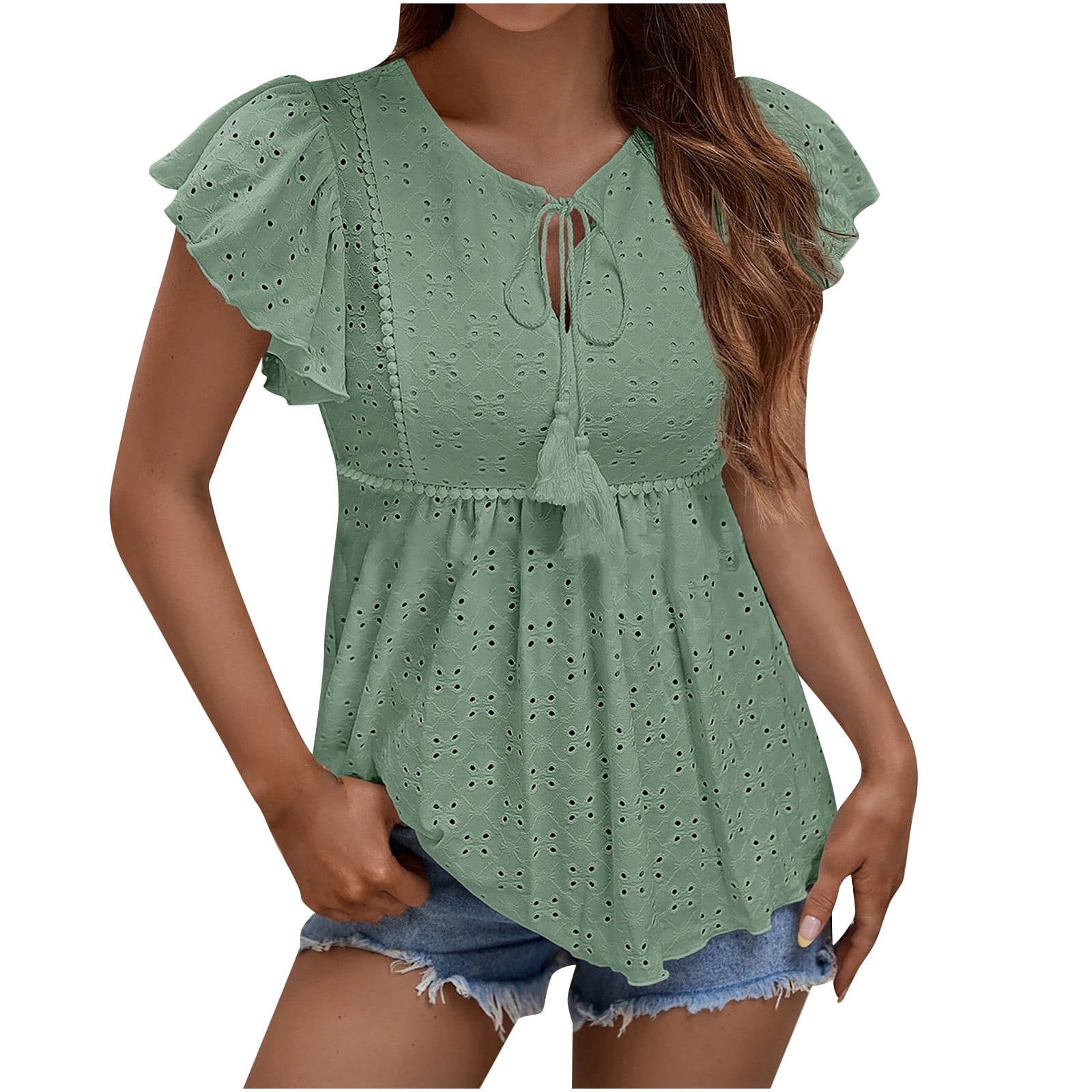 RQYYD Peplum Tops for Women's Summer Eyelet Embroidered Tie Neck Blouse Casual Ruffle Short ...