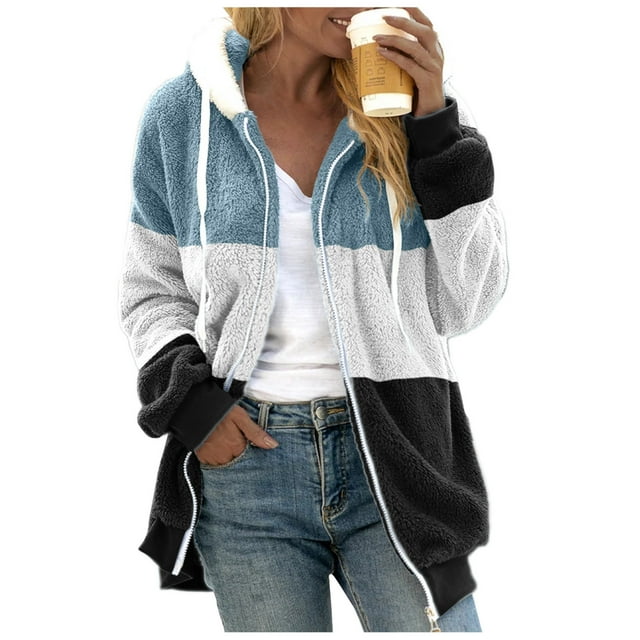 Rqyyd Women Fuzzy Fleece Hoodie Jackets Solid Full Zip Up Sherpa Lined