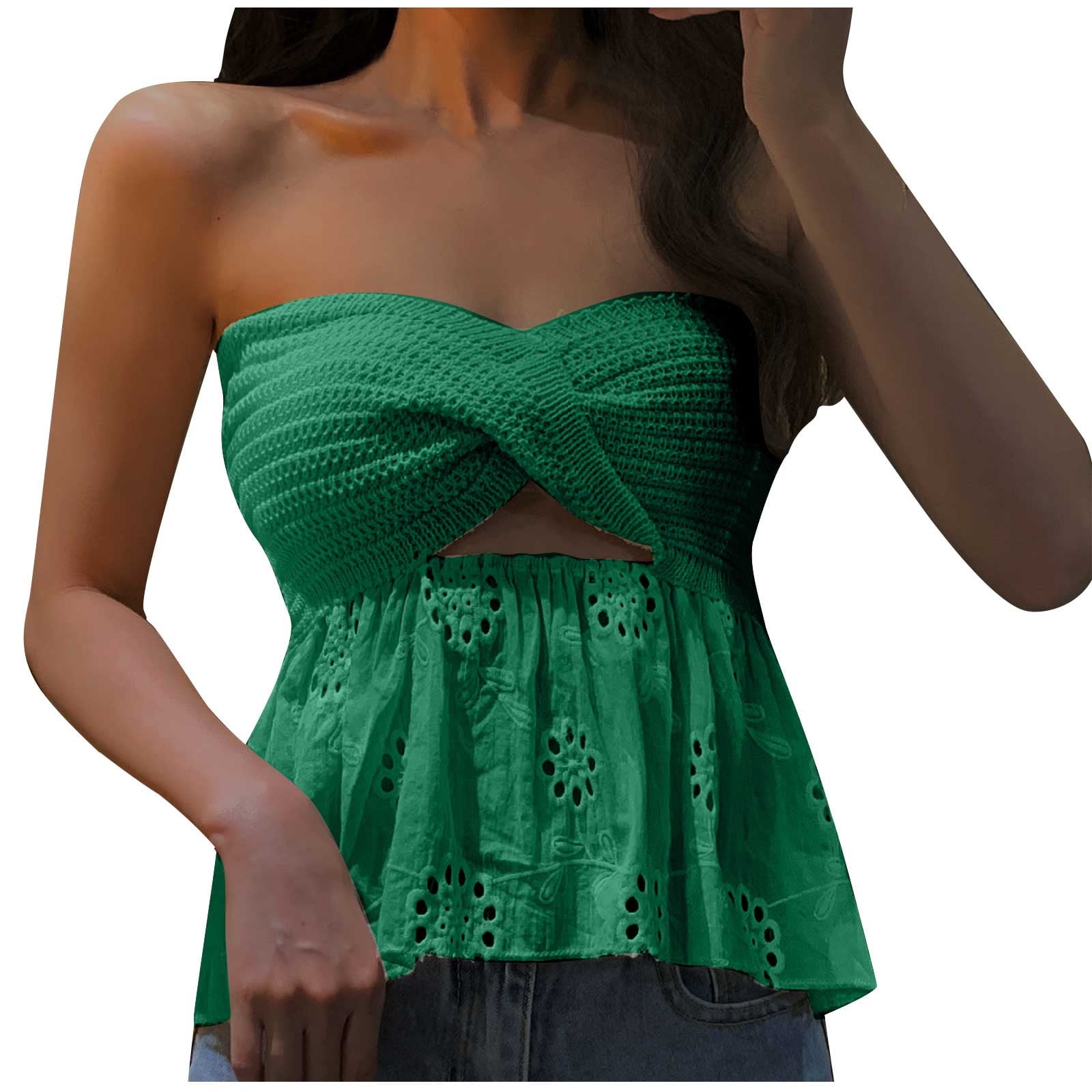 RQYYD Women Twist Knot Knit Bandeau Tube Top Embroidery Eyelet Ruffle ...