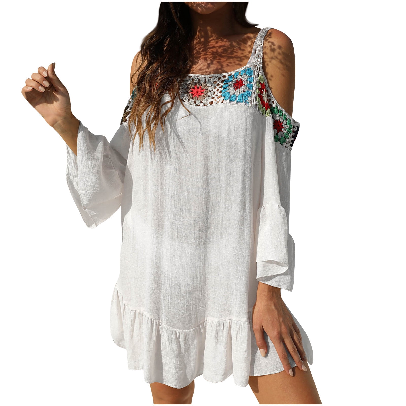 RQYYD Women's Crochet Beach Cover Up Square Neck Long Sleeve Cold ...