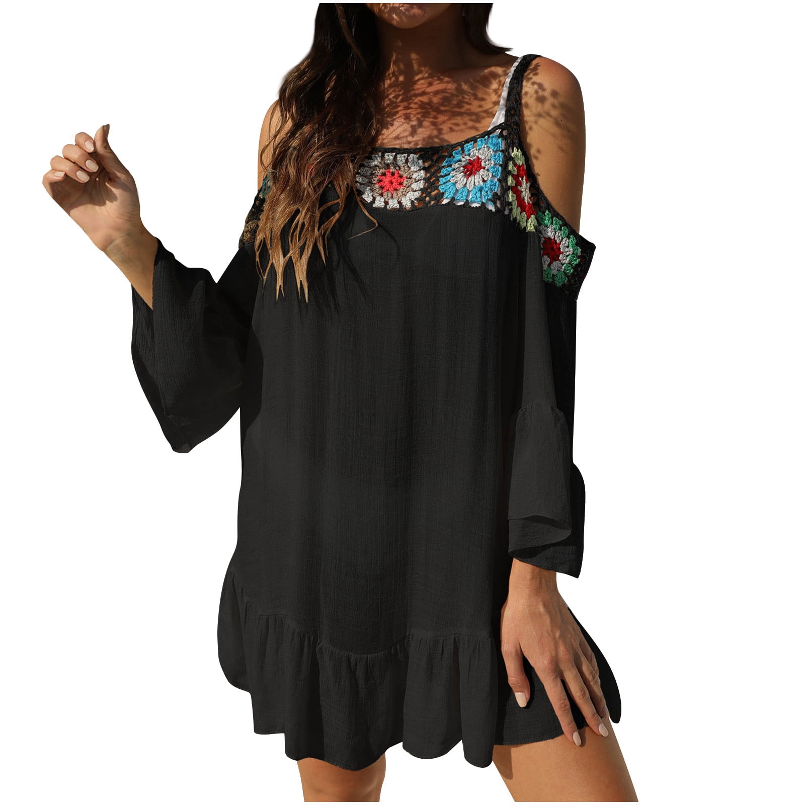 RQYYD Women's Crochet Beach Cover Up Square Neck Long Sleeve Cold ...