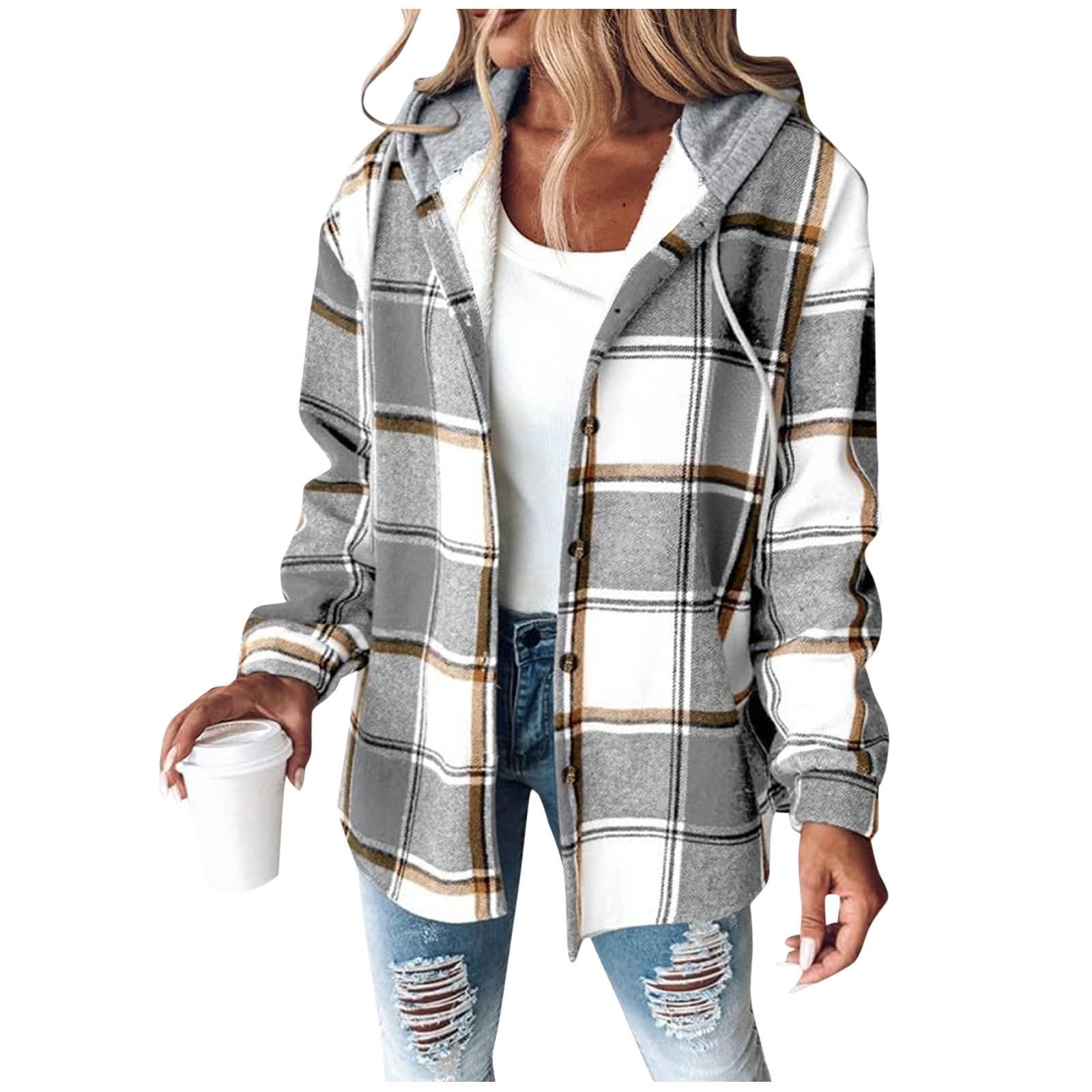 RQYYD Women's Plaid Flannel Plaid Shacket Button Up Hooded Long Sleeve ...
