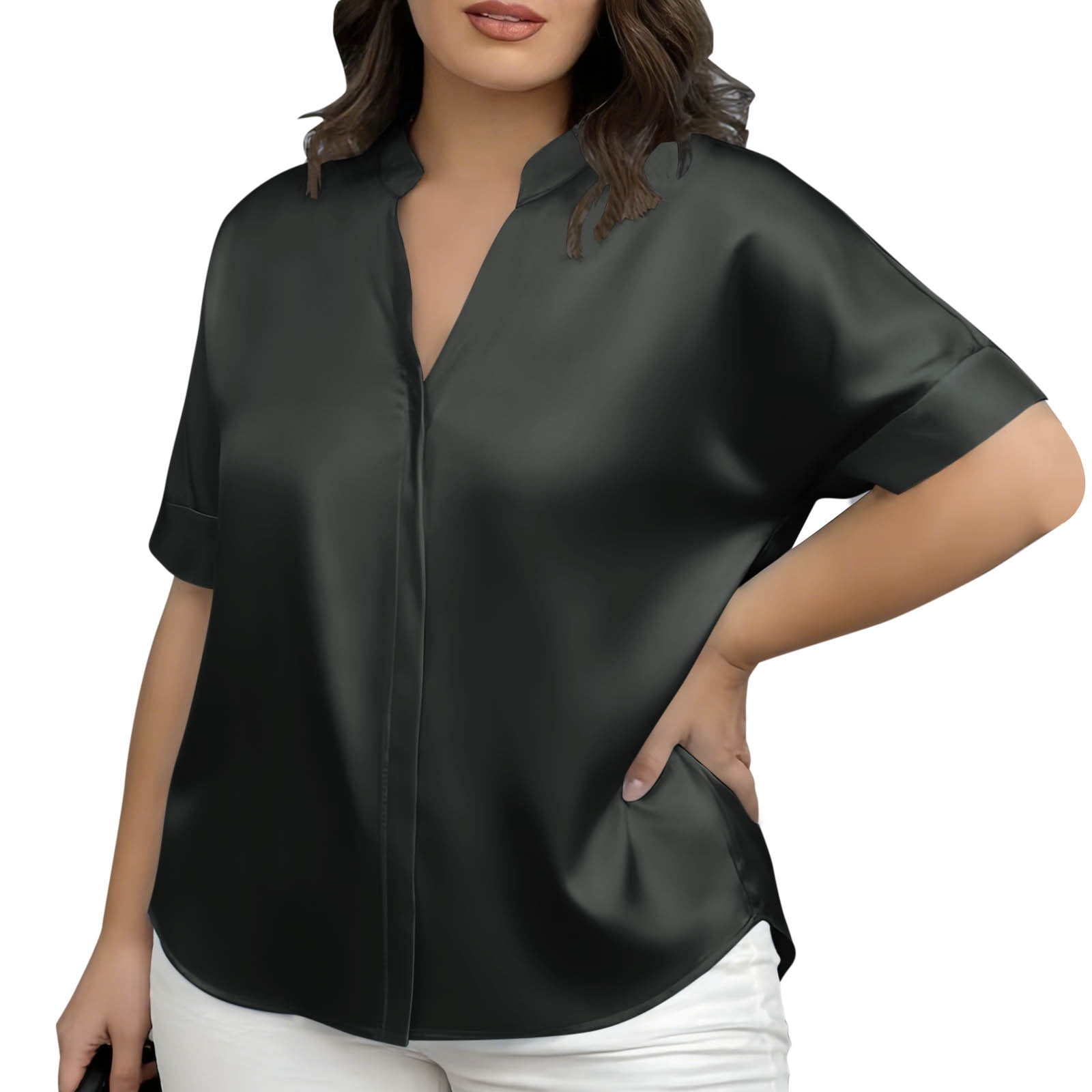 RQYYD Women's Plus Size Satin Blouse Split V Neck Short Sleeve Curved ...