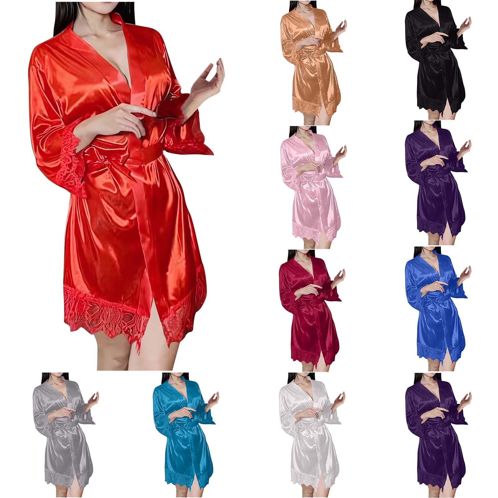 RQYYD Women's Satin Robes 3/4 Sleeve Lace Trim Belted Robe Bride ...