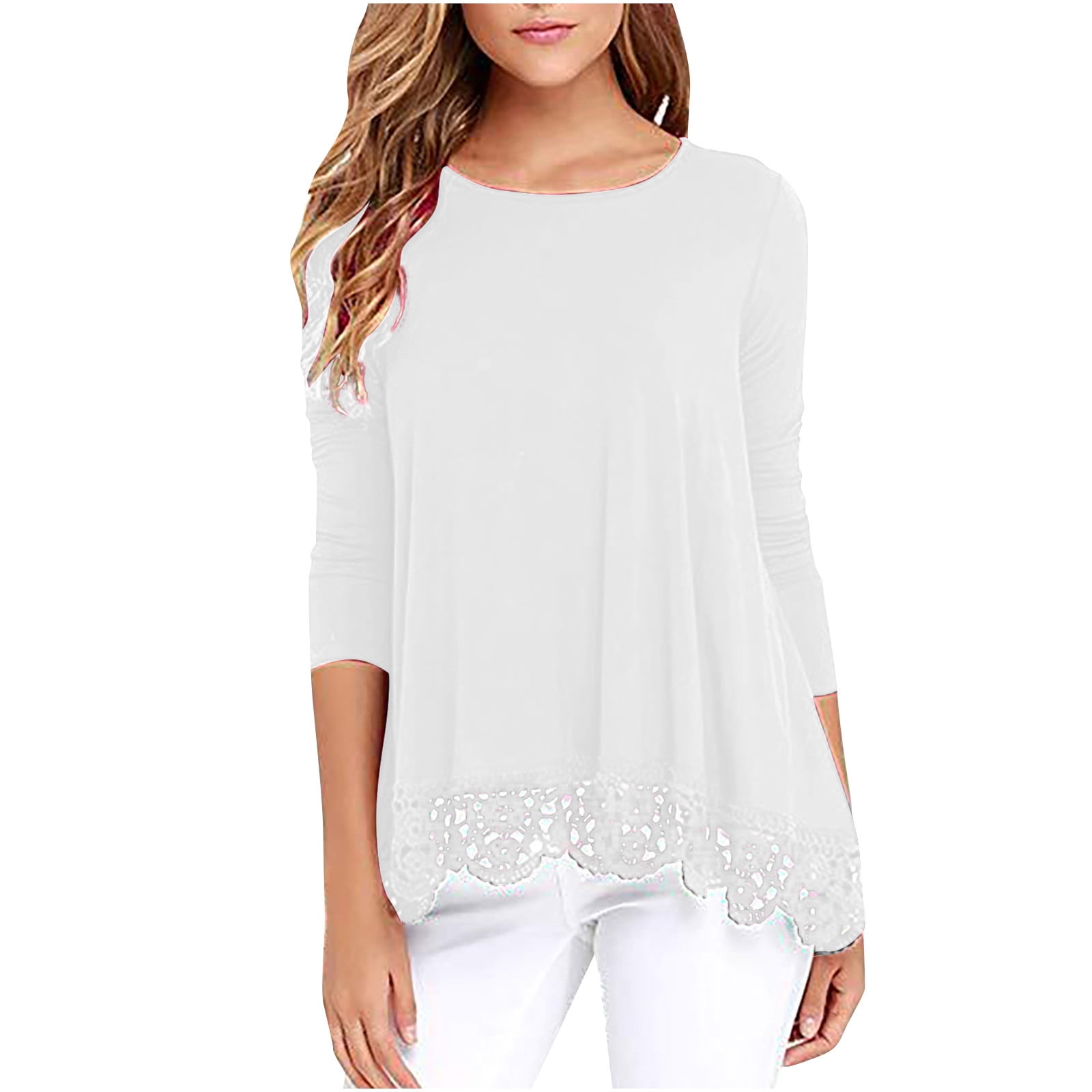 RQYYD Women's Tops Long Sleeve Lace Trim Crewneck A-Line Tunic Blouse ...