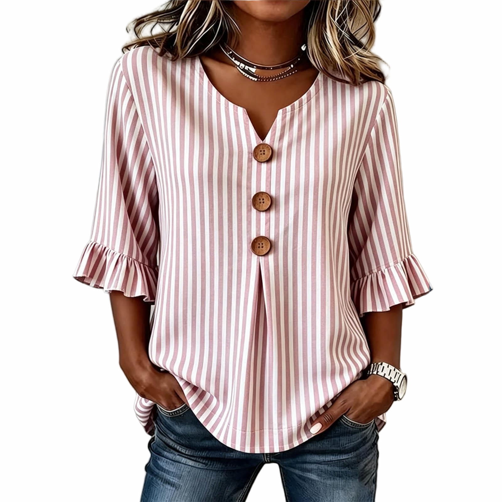 RQYYD Womens 3/4 Sleeve Tops Casual V Neck Blouses Stripe Print Ruffle ...