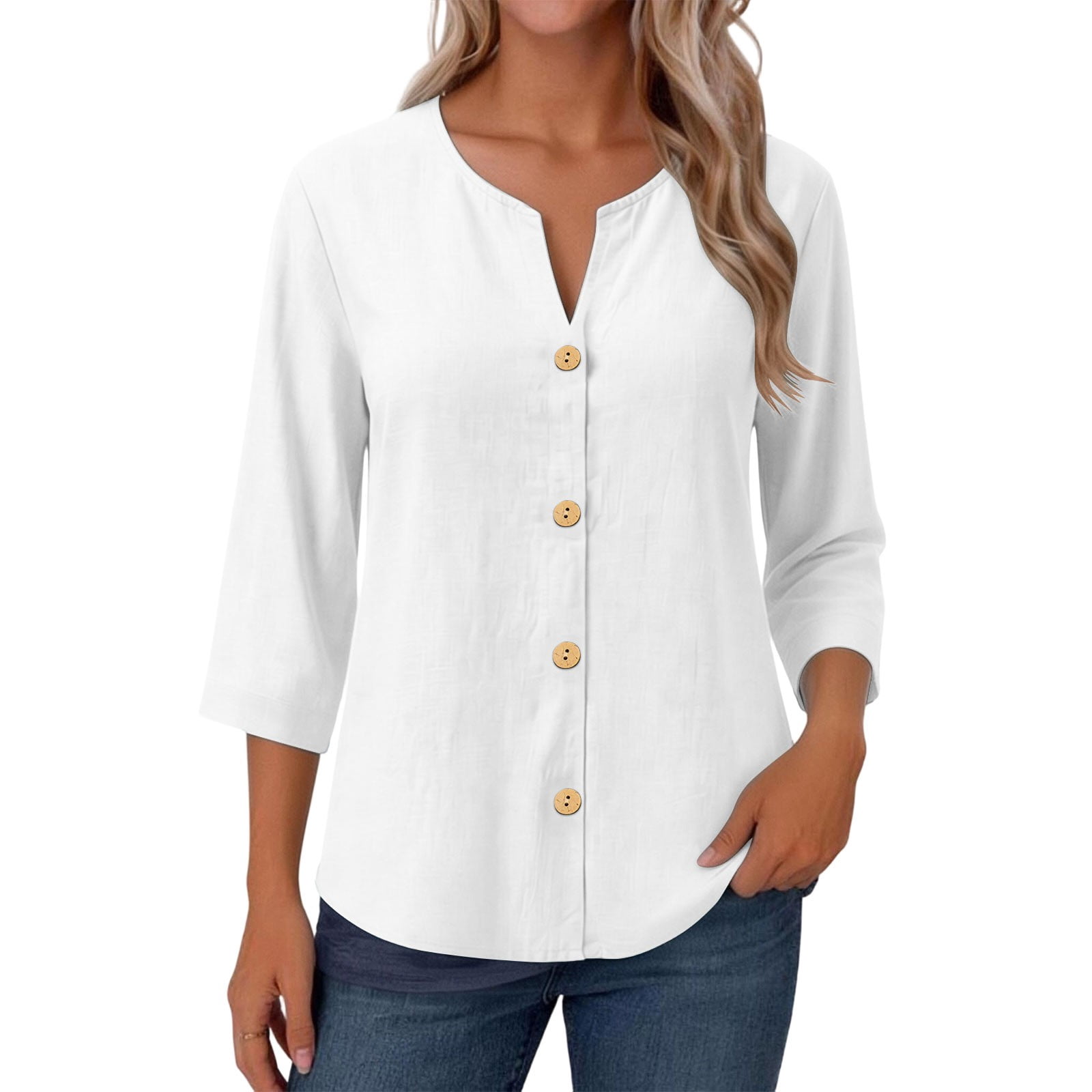 RQYYD Womens 3/4 Sleeve V Neck Button Front Tops Casual Linen Blend ...
