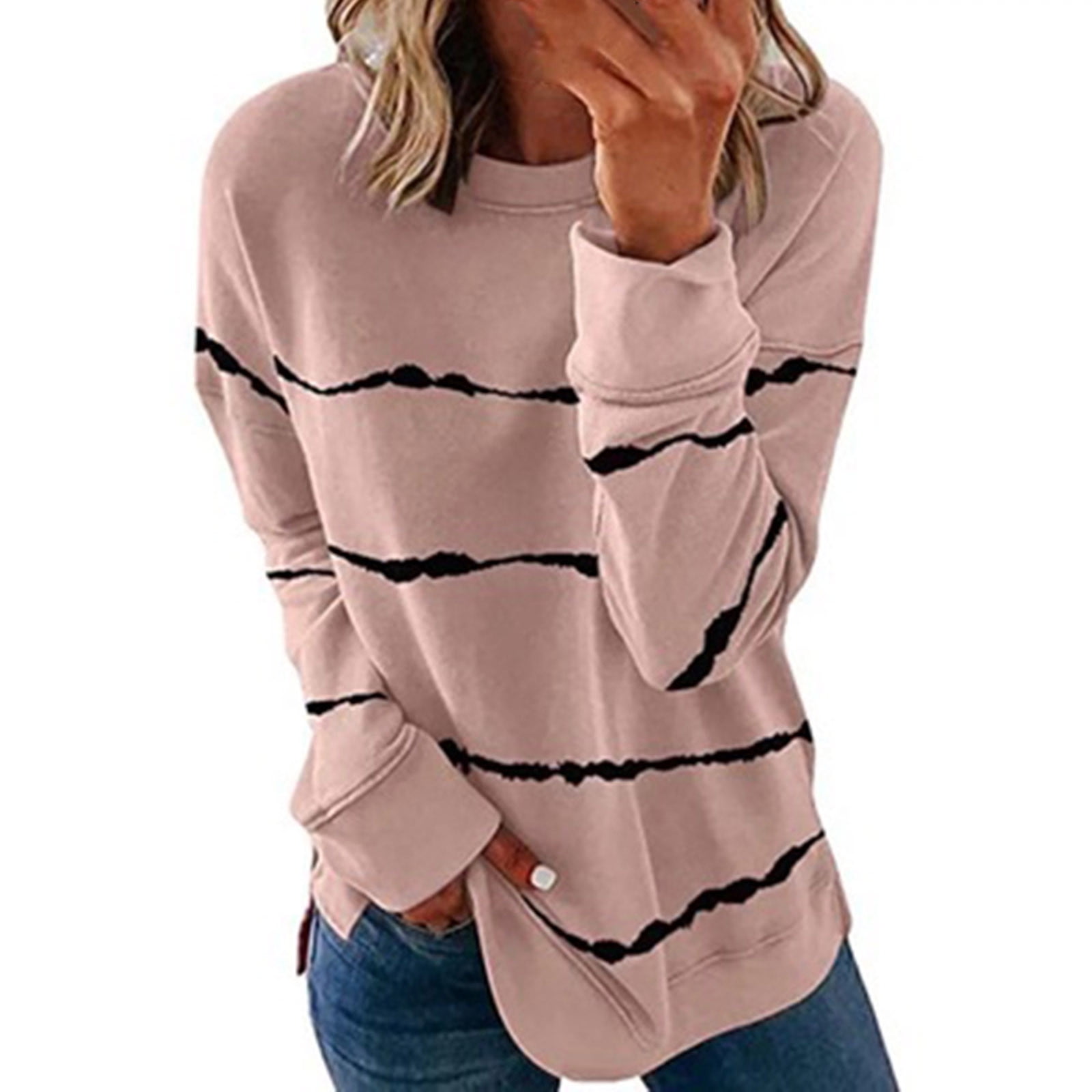RQYYD Womens Casual Long Sleeve Sweatshirt Crewneck Fall Striped ...