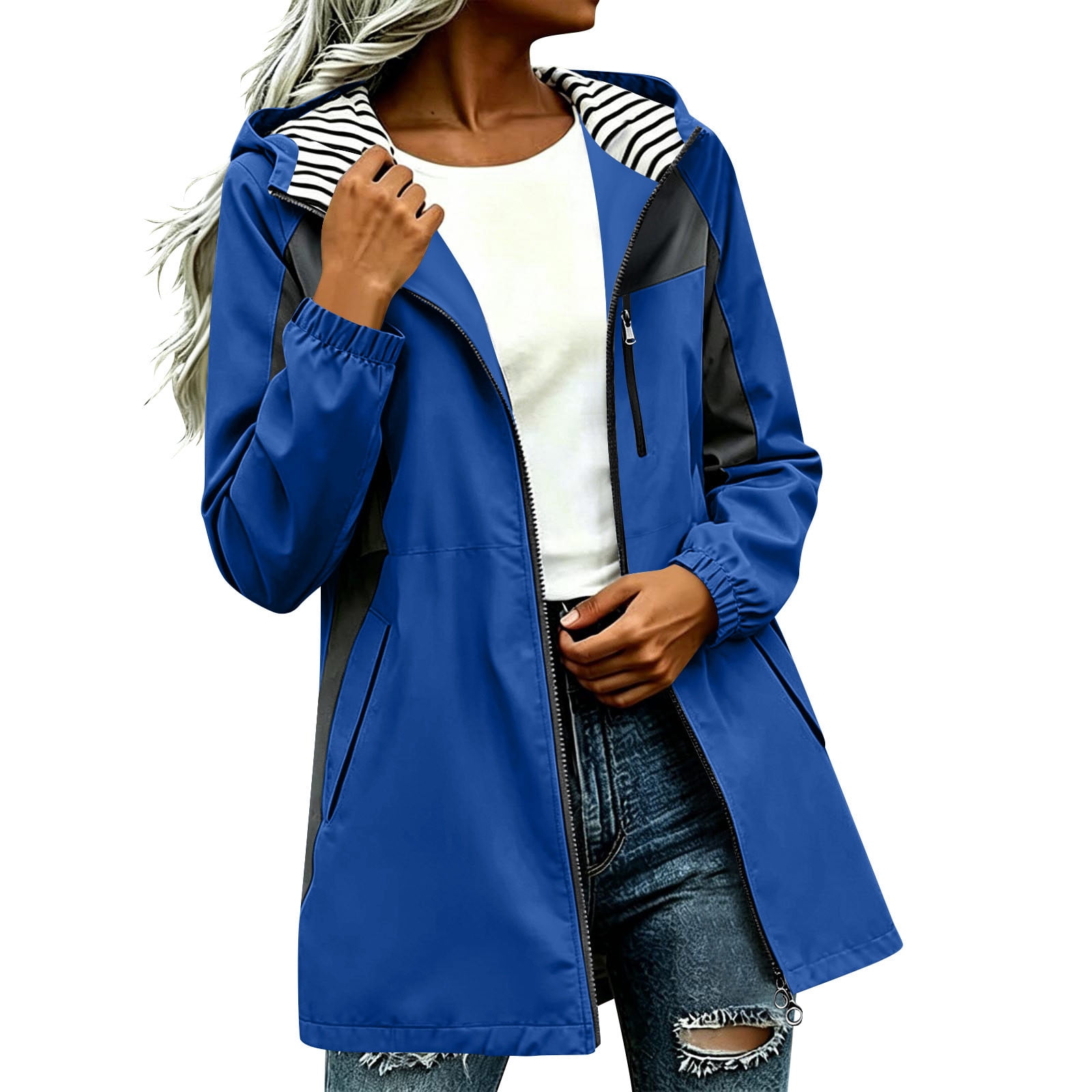 RQYYD Womens Color Block Striped Lined Hooded Rain Jacket Multi Pocket ...
