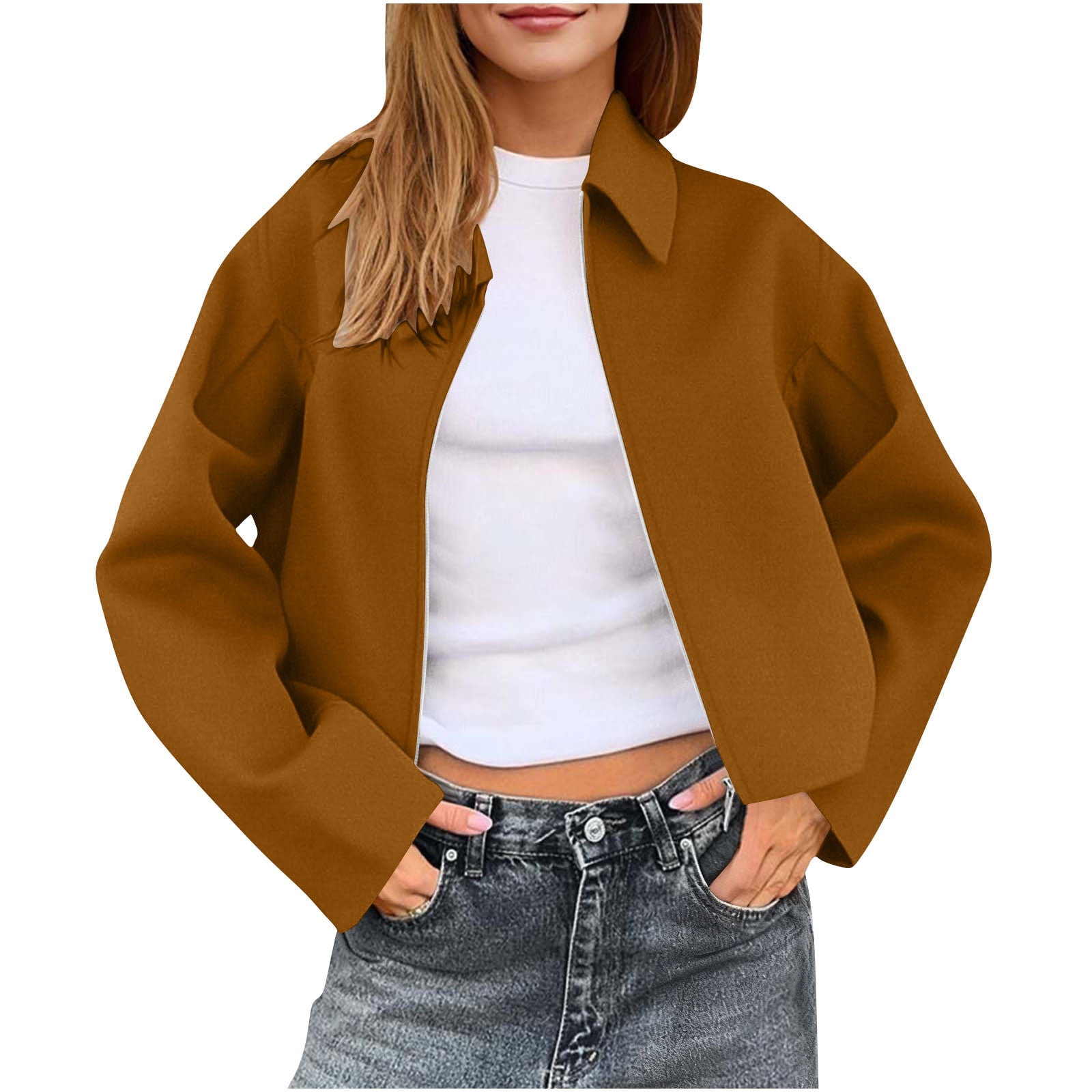 RQYYD Womens Cropped Pea Coats Zip Up Short Casual Bomber Wool Blend ...