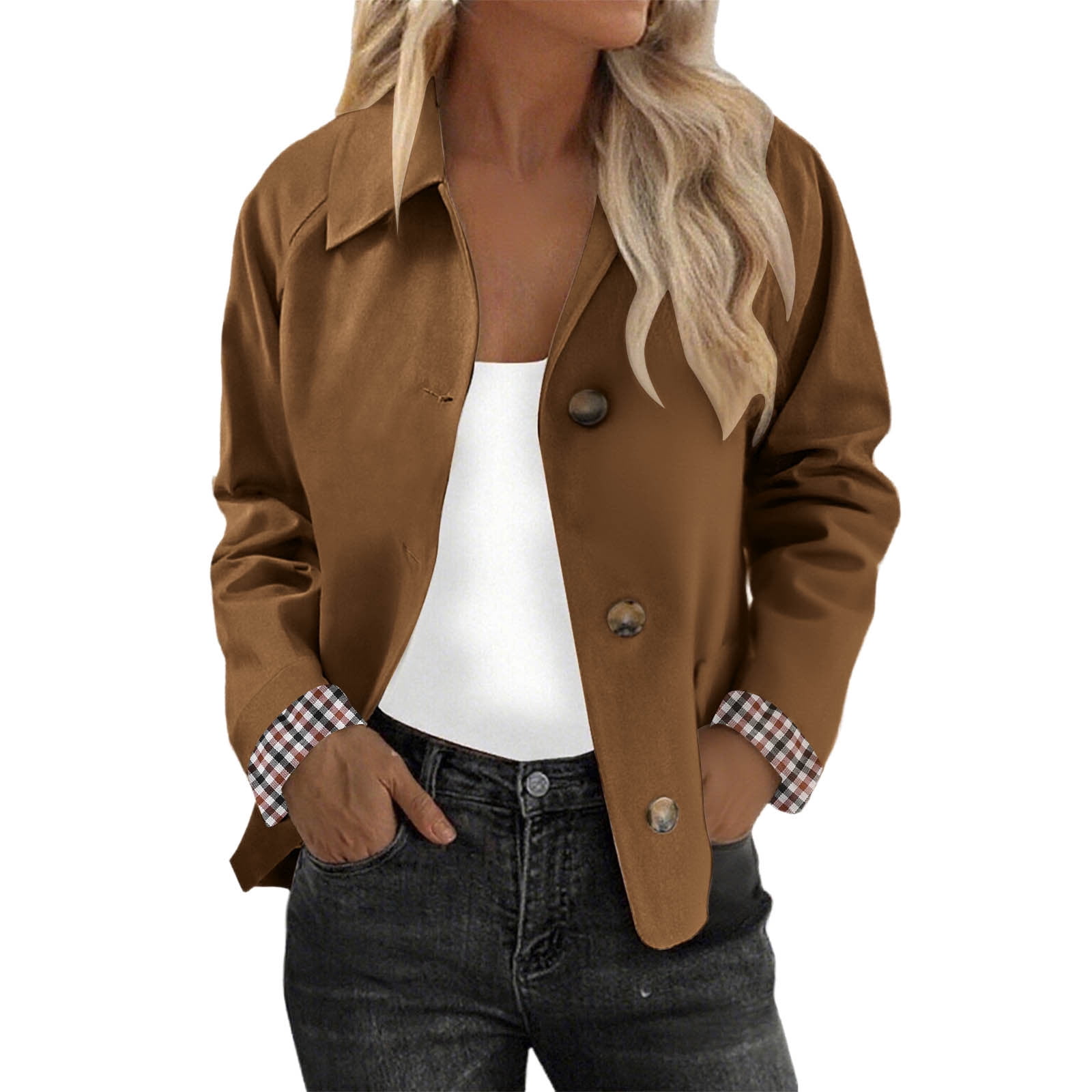 RQYYD Womens Cropped Trench Coat Classic Collar Oversized Casual ...