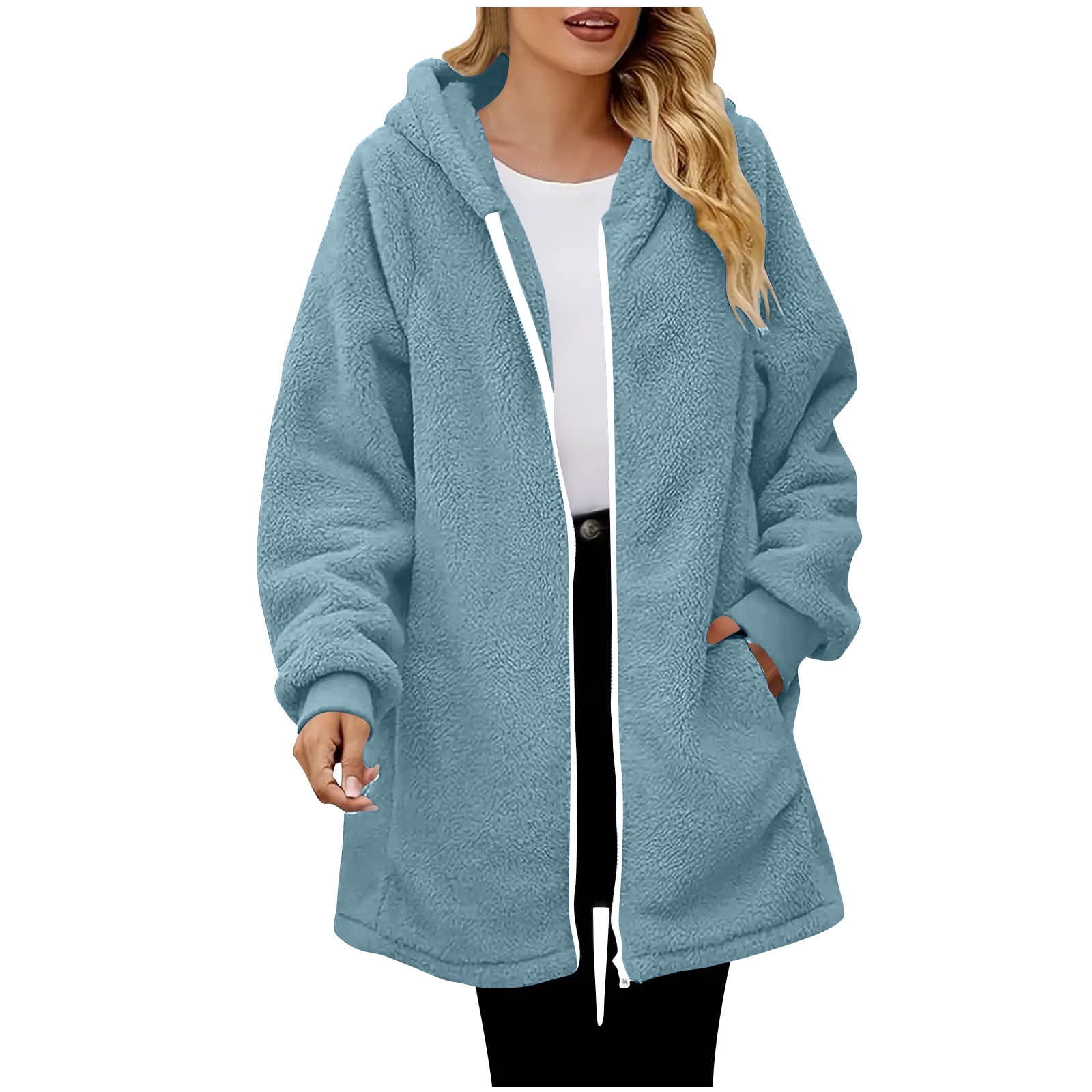 RQYYD Womens Fleece Zip Up Jacket with Pockets Oversized Long Sherpa ...