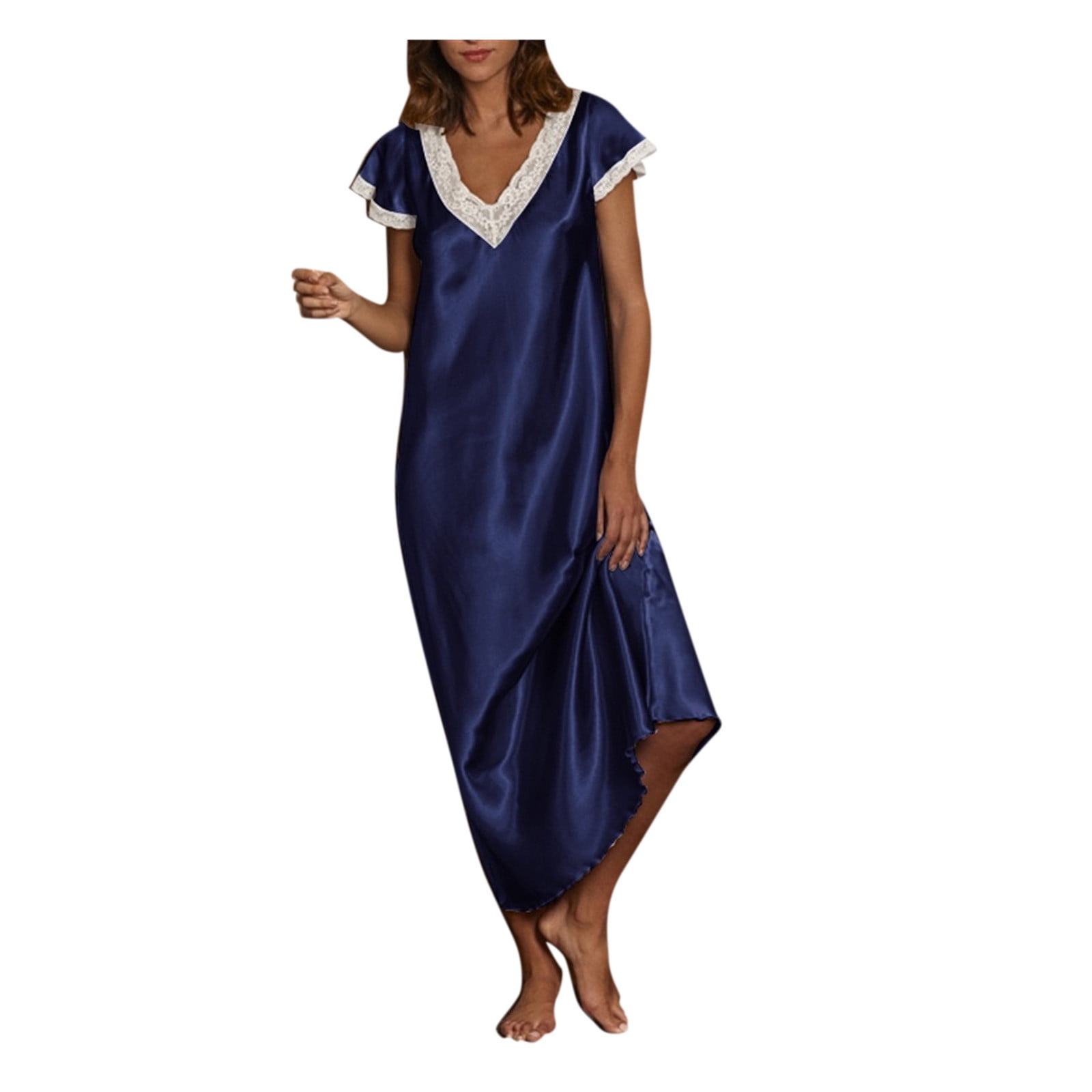 RQYYD Womens Plus Size Silk Satin Long Sleep Dress Soft Short Sleeve V ...