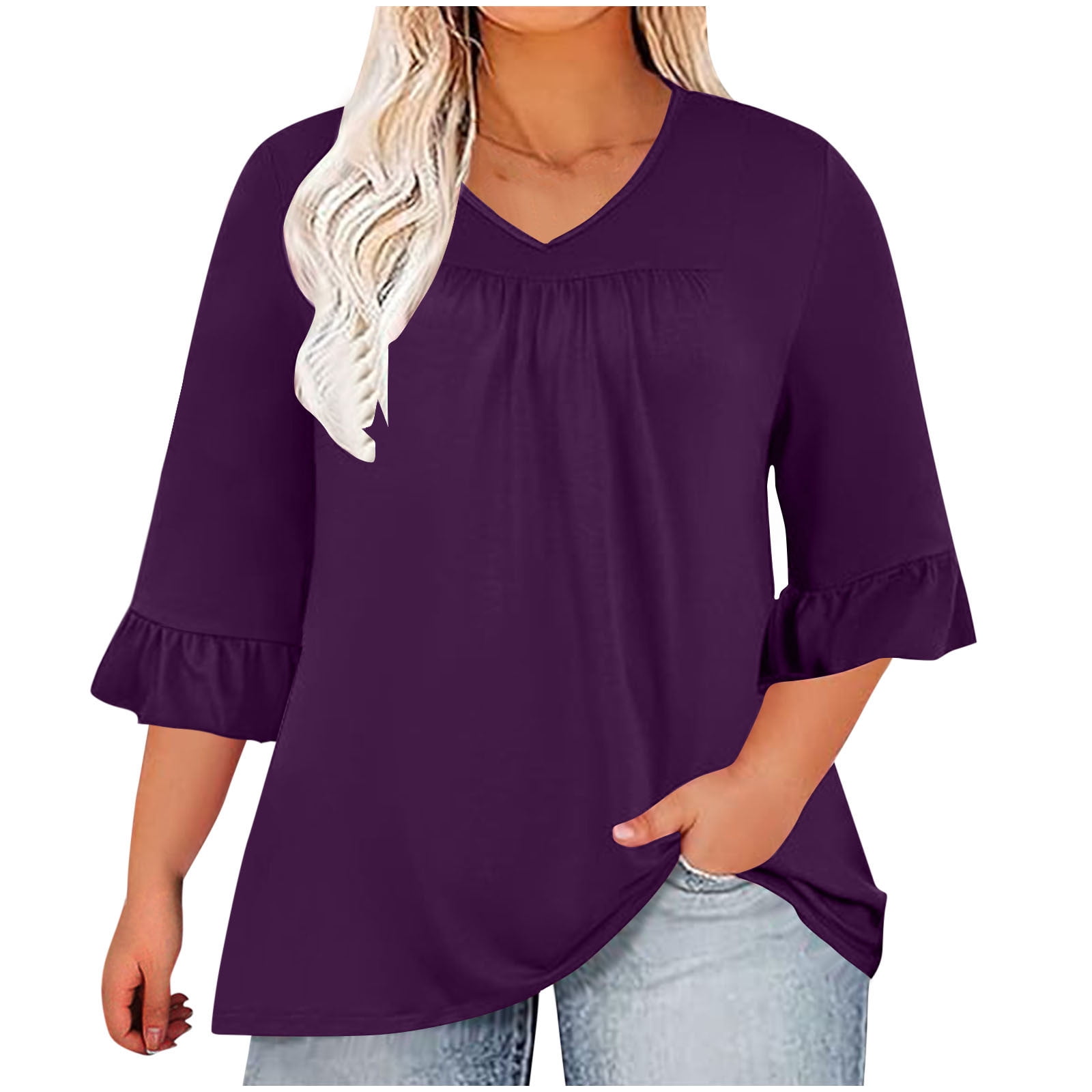 RQYYD Womens Shirts Plus Size V Neck 3/4 Sleeve Solid Blouse Fall ...