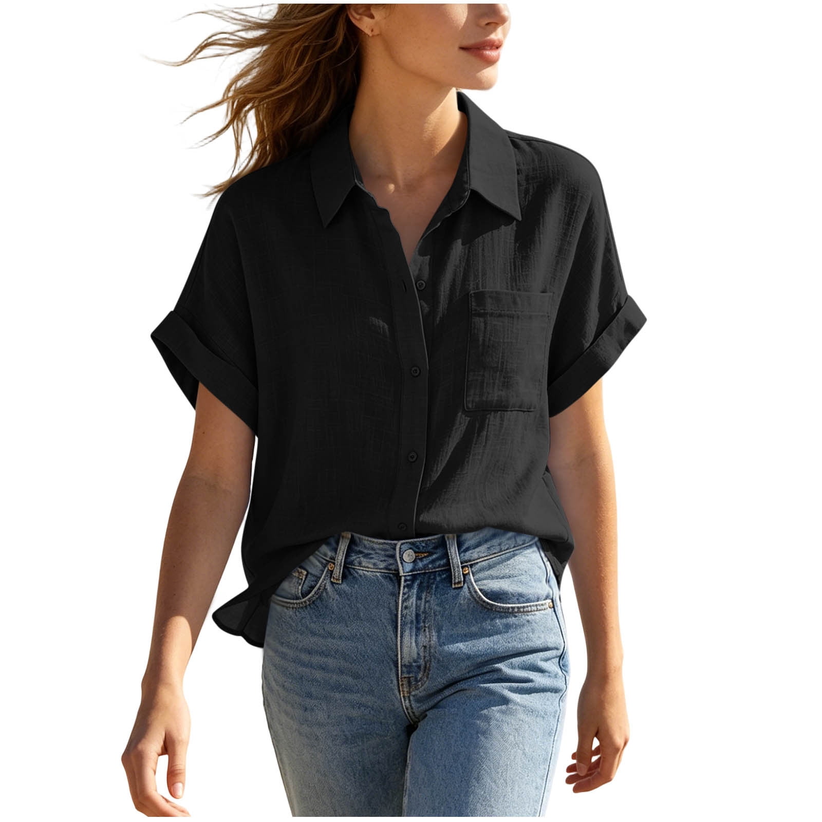 RQYYD Womens Short Sleeve Tops Casual Collared Blouses Button Down Roll ...