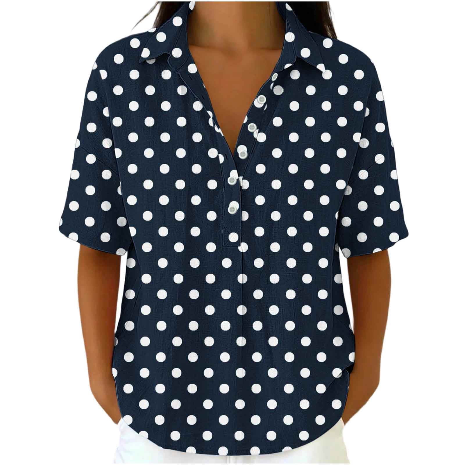 RQYYD Womens Short Sleeve Tops Casual Collared Blouses Polka Dot Henley ...