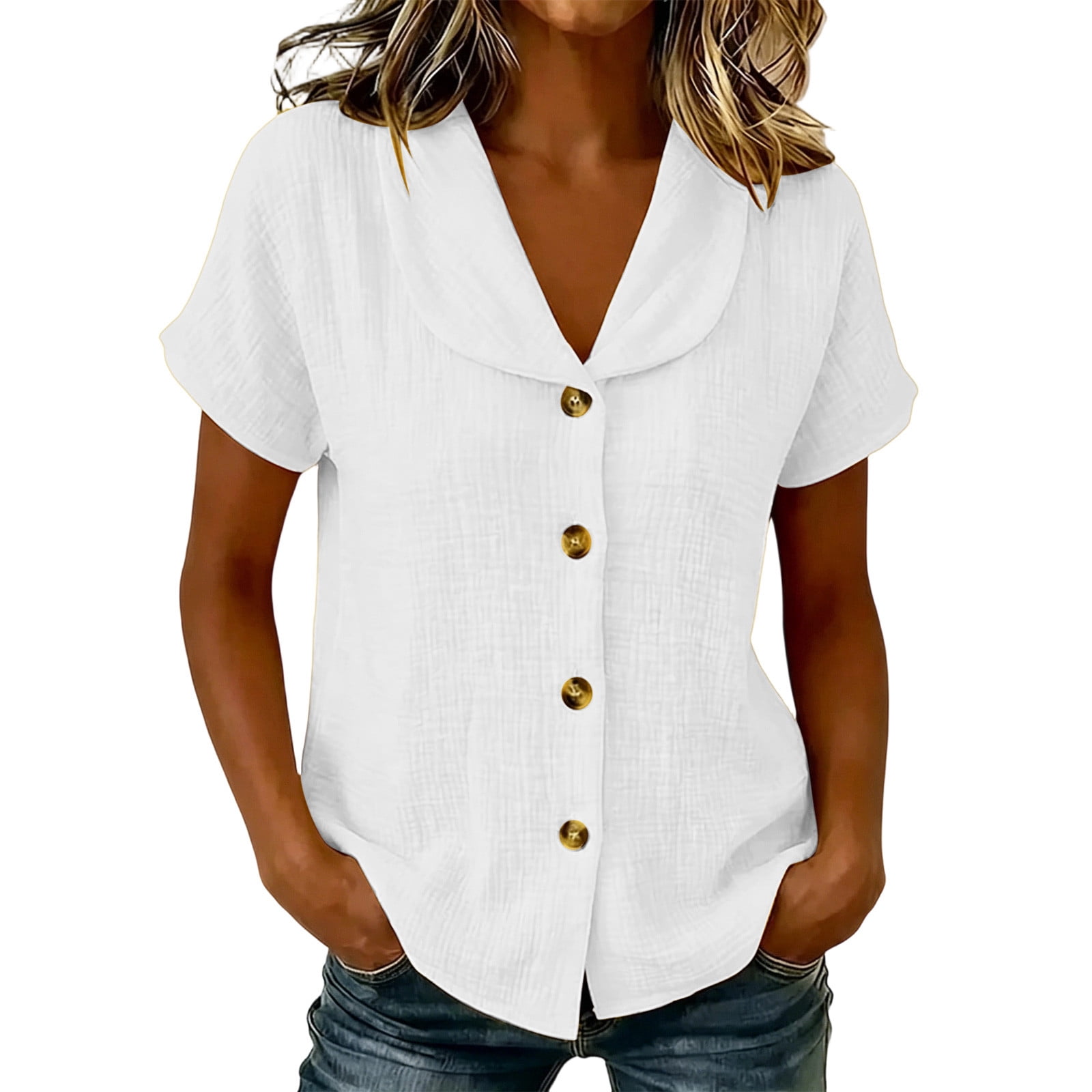 RQYYD Womens Short Sleeve Tops Casual Shawl Collar Blouses Full Button ...