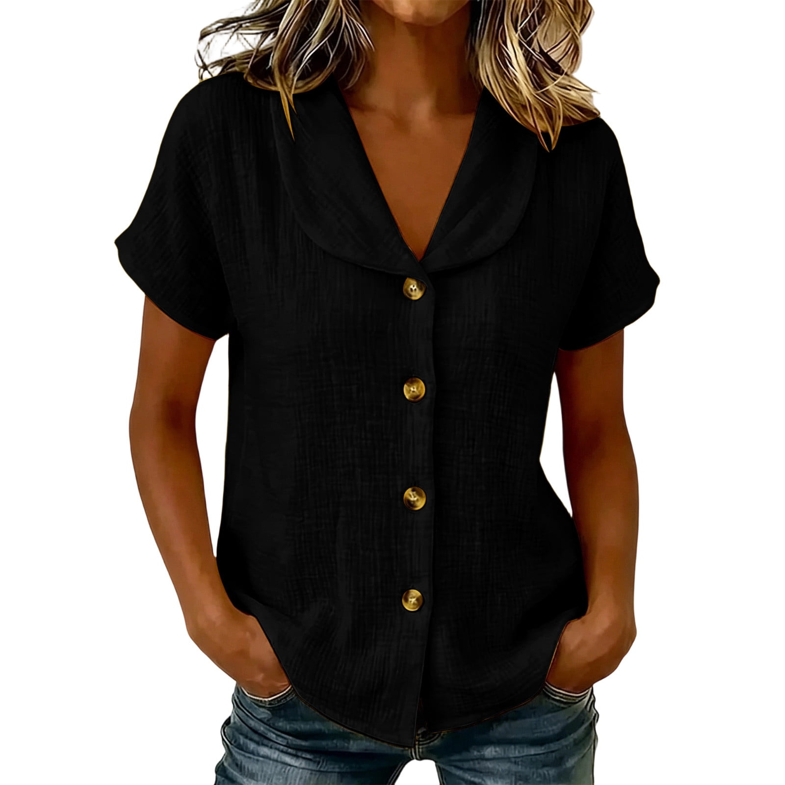 RQYYD Womens Short Sleeve Tops Casual Shawl Collar Blouses Full Button ...