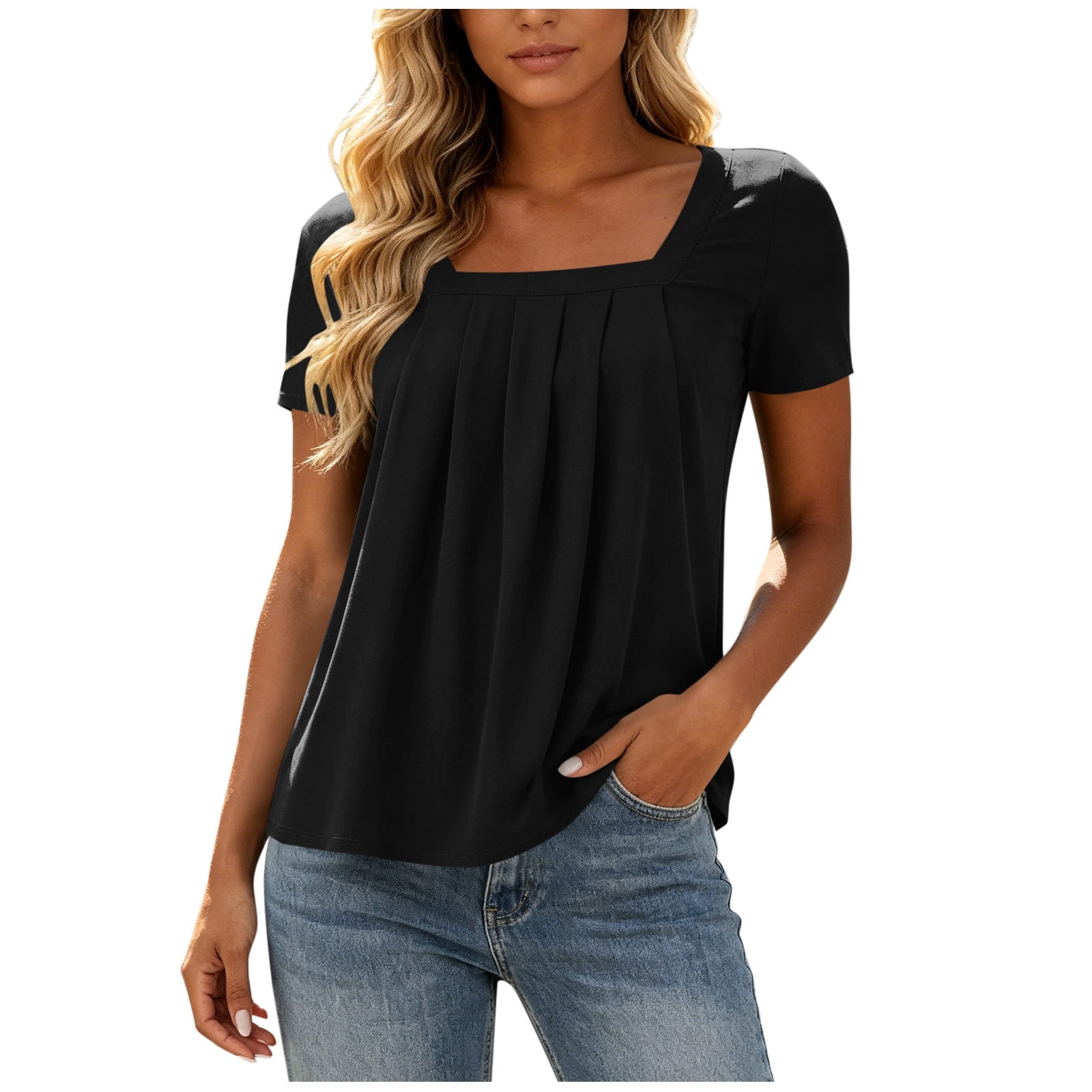RQYYD Womens Short Sleeve Tops Casual Square Neck Blouses Pleated Front ...