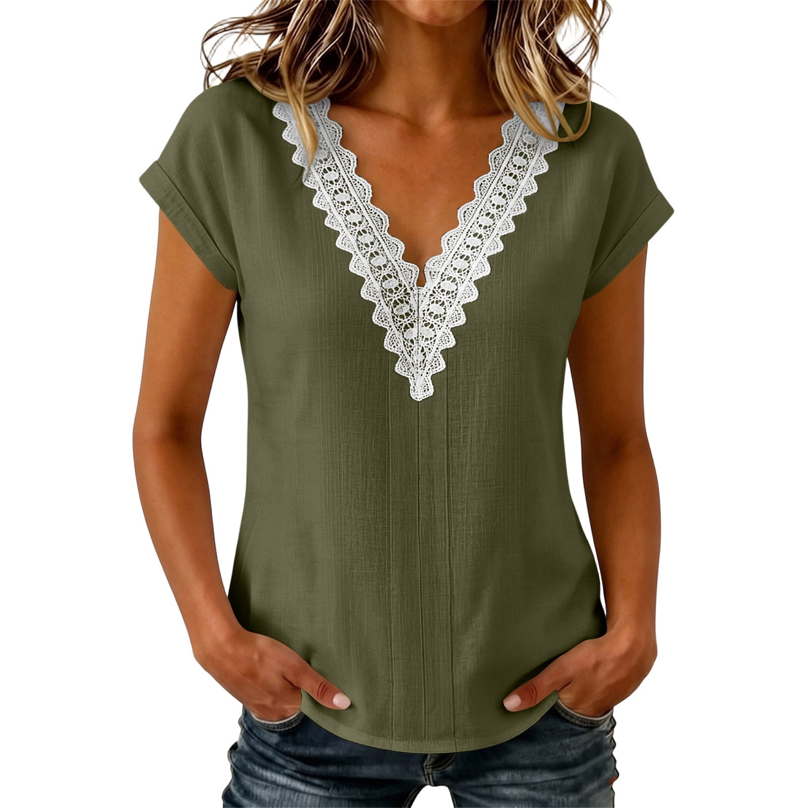 RQYYD Womens Short Sleeve Tops Casual V Neck Blouses Lace Trim Linen ...