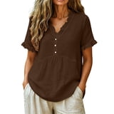 RQYYD Womens Short Sleeve Tops Casual V Neck Blouses Ruffle Trim Linen ...