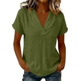 RQYYD Womens Short Sleeve V Neck Tops Casual Shawl Collar Blouses Linen ...