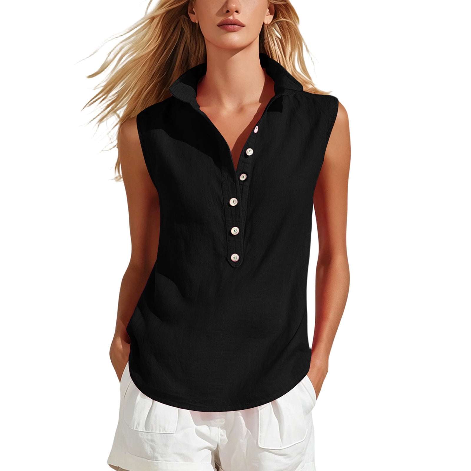 RQYYD Womens Sleeveless Tops Casual Collared Henley Blouses Half Button ...